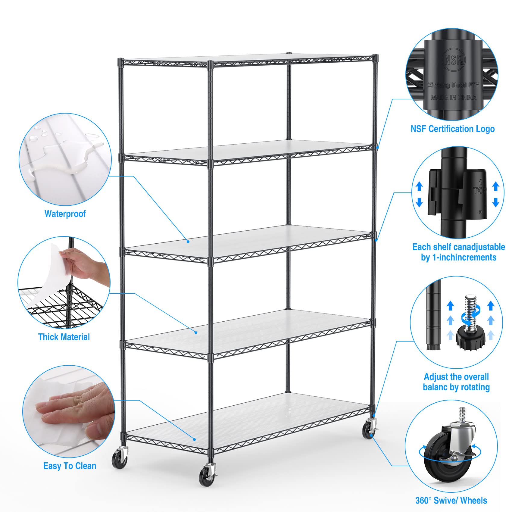 Wire Shelving Unit 5 Tier NSF Metal Shelf,6000lbs Capacity Heavy Duty Adjustable Storage Rack with Wheels & Shelf Liners for Commercial Grade Utility Steel Storage Rack, 82" H x 48" L x 24" D -Chrome