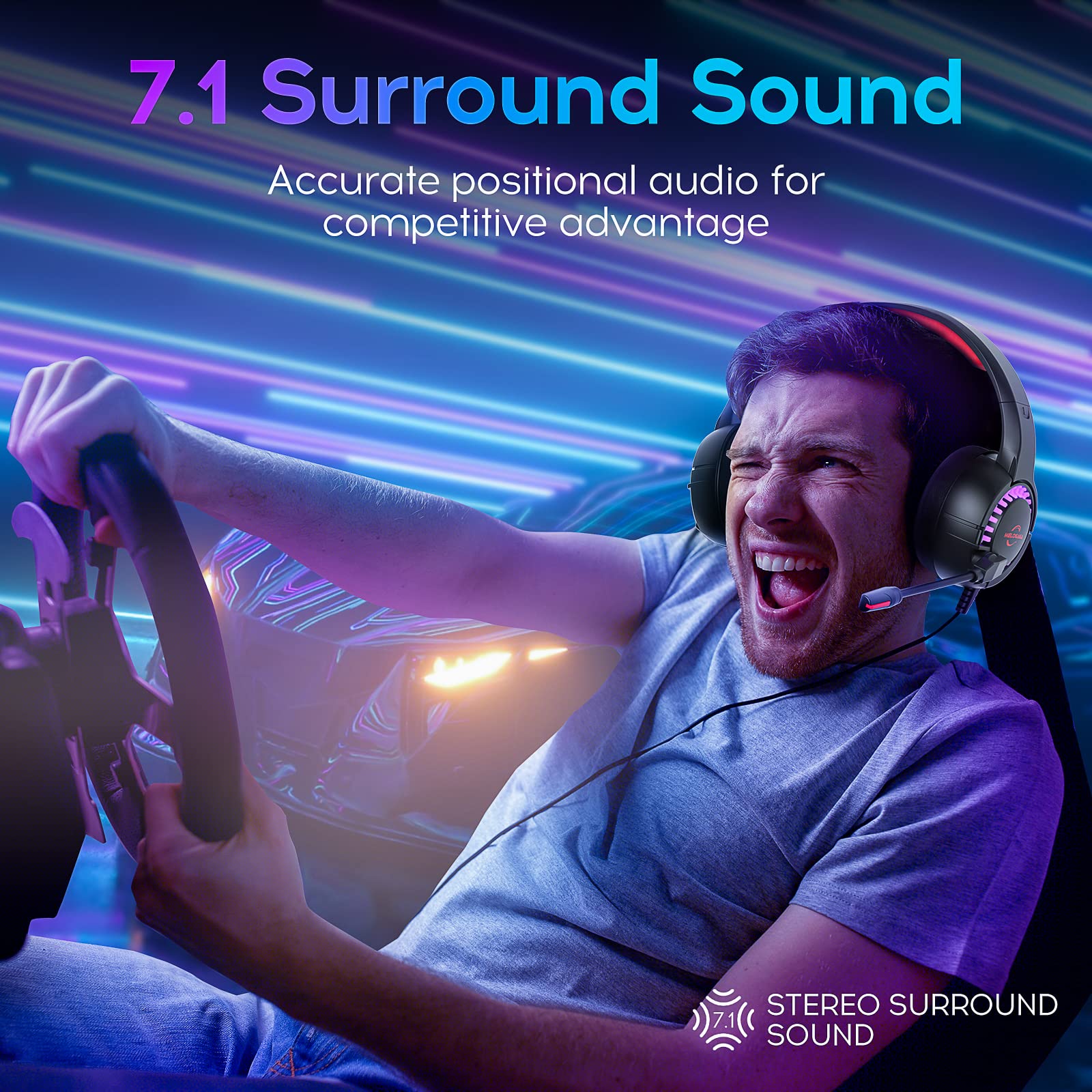 MELOGAGA USB Gaming Headset for PC PS4 PS5, 7.1 Surround Sound Headphones with RGB Breathing LED Lights& Noise Canceling Microphone, Over-Ear Game Headset for Playstation Console Laptops Computer