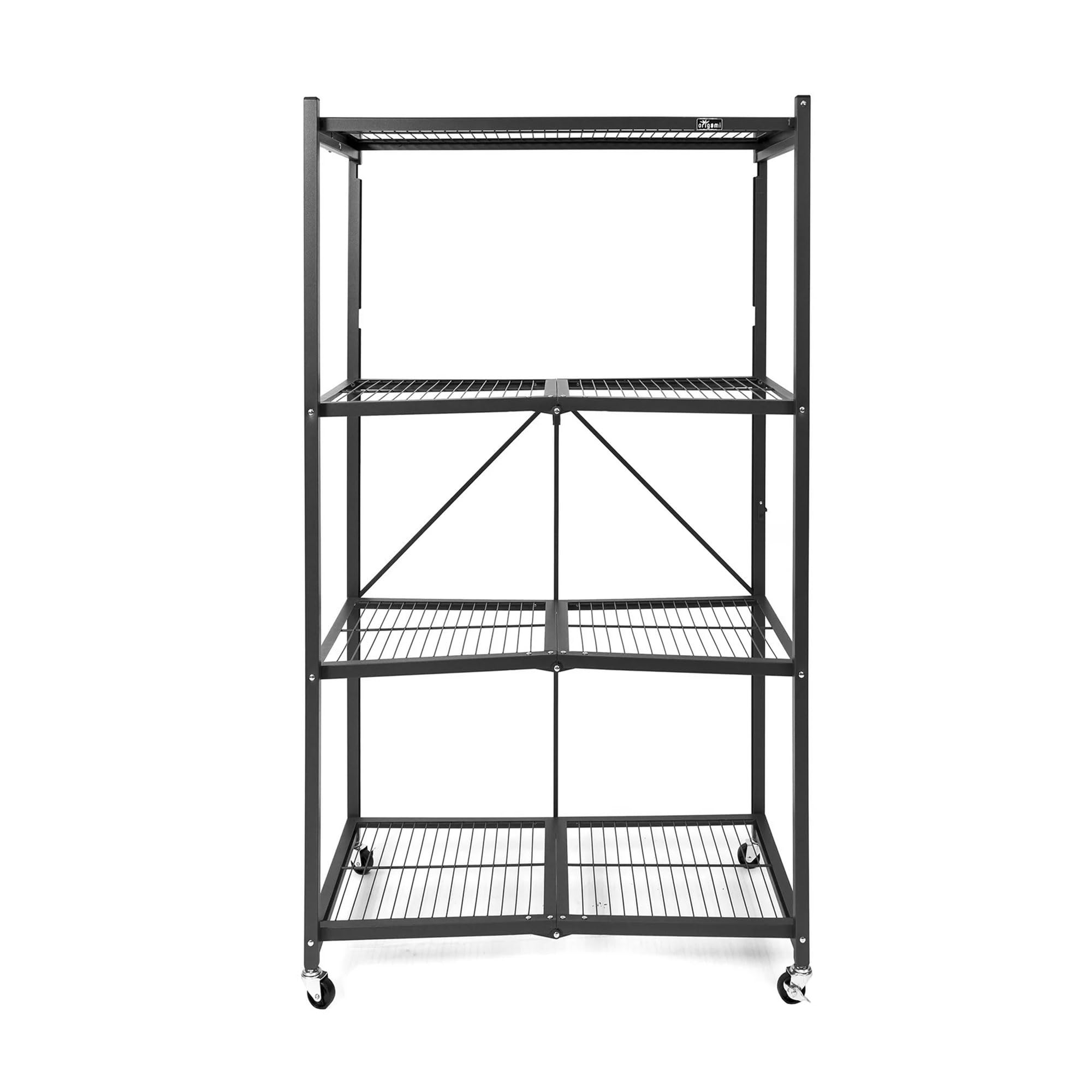 Origami R5 4 Tier Foldable Heavy Duty Metal Storage Rack with Wheels Holds Up to 1,000 Pounds for Kitchen, Garage, or Garden Storage, Black, Renewed