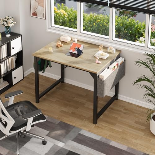 Shahoo 32 Inch Small Desk, Wood Modern Simple Student Kids Study Writing Computer Table with Storage Bag and Headphone Hook for Home, Study, Writing, Oak