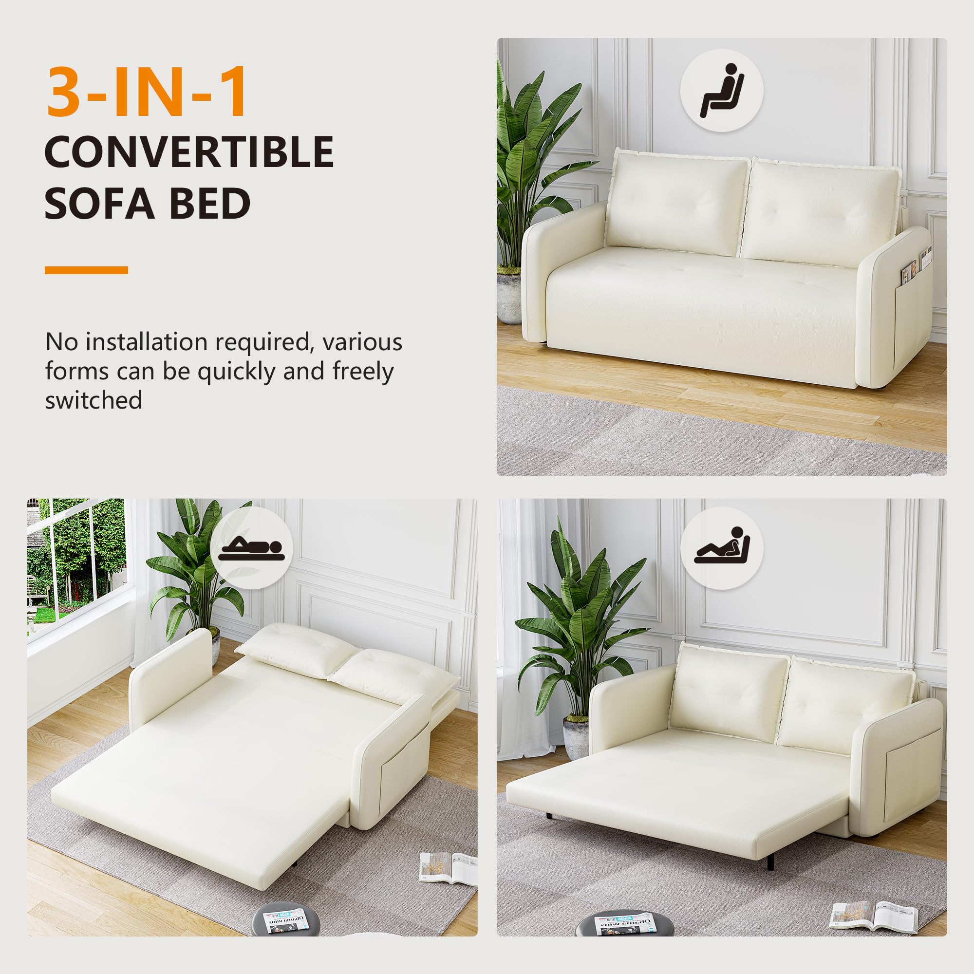Sofa Bed Couch,3 in 1 sleeper sofa couch with pullout bed,Convertible sofa bed with 2 USB and 1 Type-C Charging Port,4 storage Pockets and 2 soft Pillows,Adjsutable Loveseat for Living Room,White