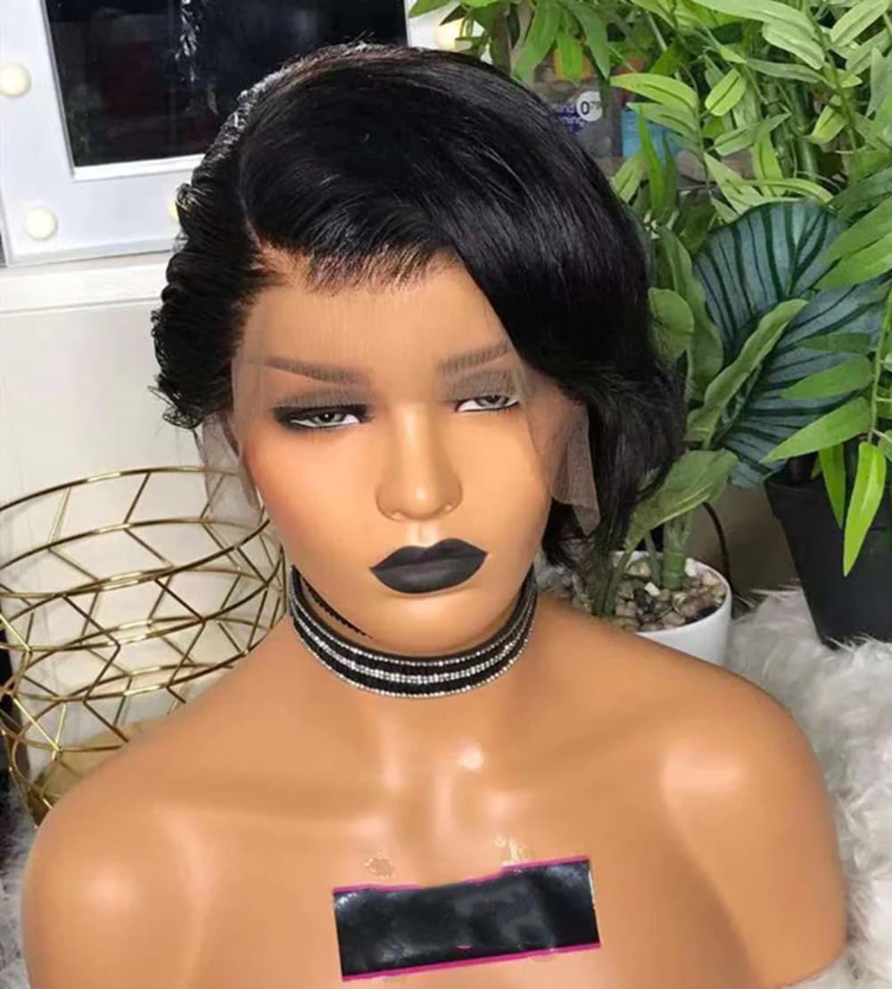 Pixie Cut Wigs Natural Black Color European Human Hair With Glueless Transparent Lace Front Wig color 1 8 Inches