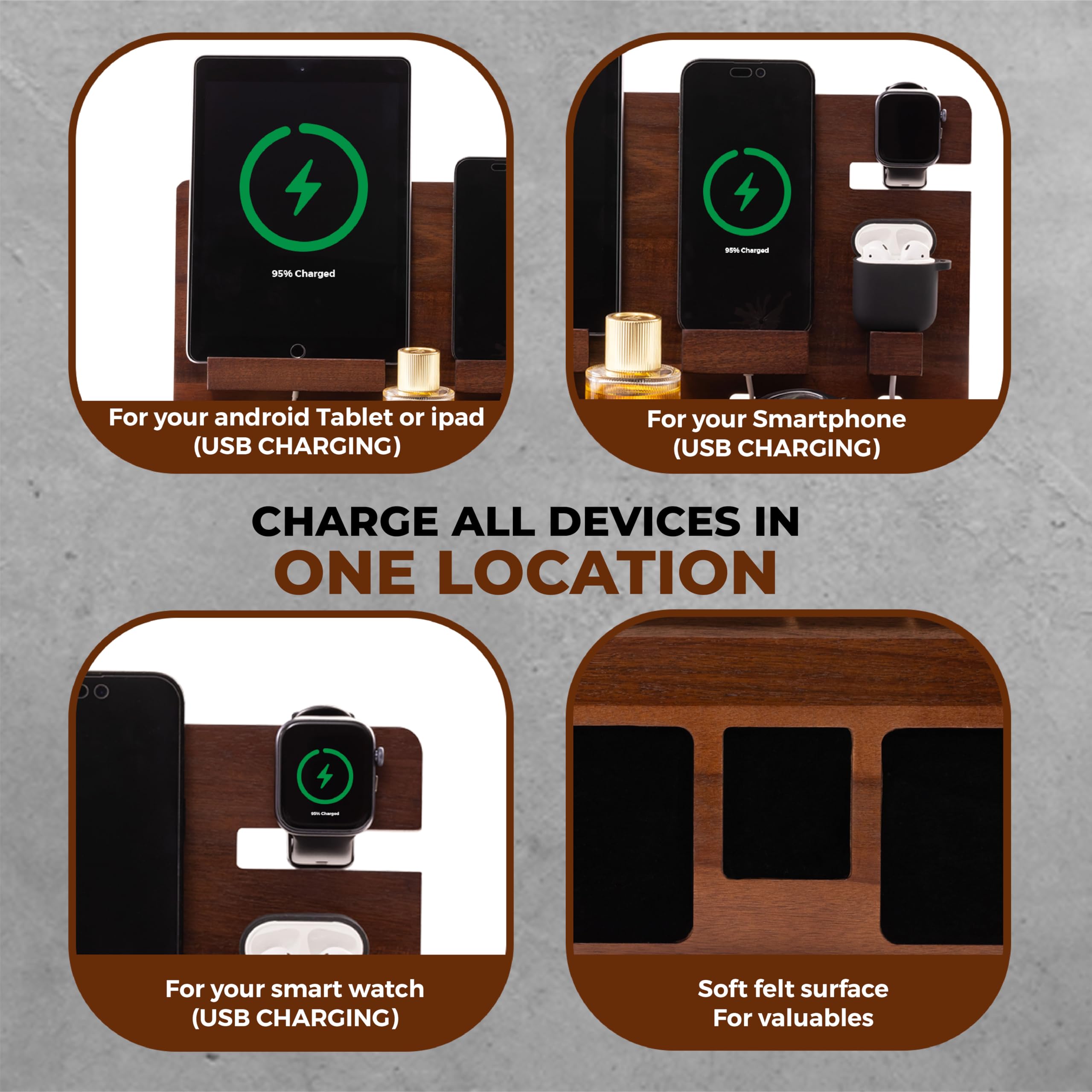 Wooden Nightstand Organizer - Nightstand organizer for men - Phone Key Stand - Mens nightstand organizer with hidden wire grooves - Nightstand Docking Station with felt lining