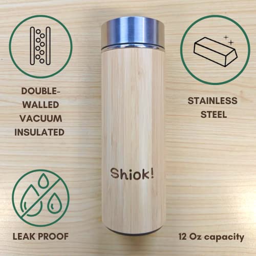 Shiok! Premium Bamboo Tea Tumbler with Strainer. 12 Oz Capacity Stainless Steel Thermos. Durable Double Walled Vacuum Insulated Travel Mug with filter- Keeps Hot & Cold up to 12hrs