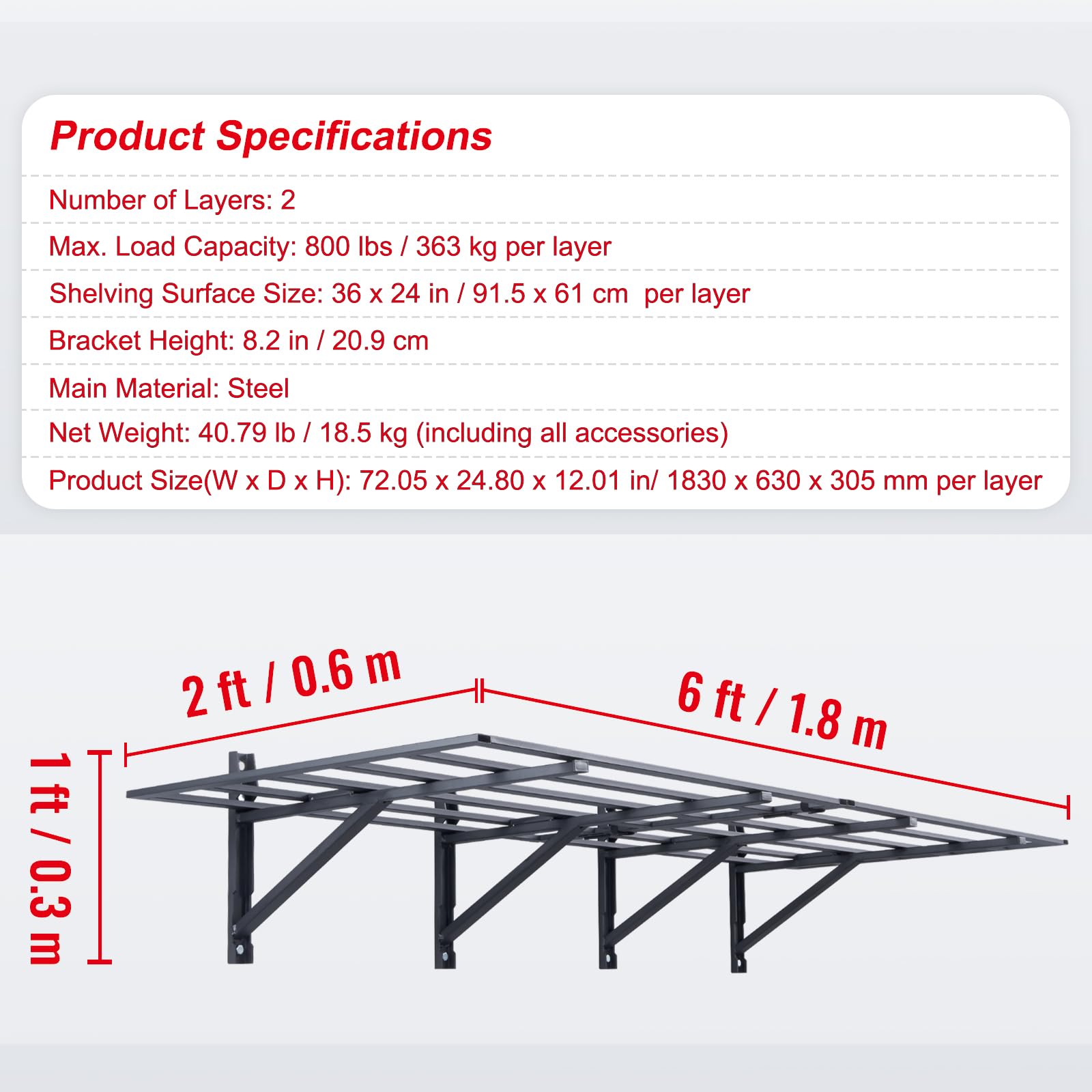 Zoorse Garage Storage Shelving, 2 Pack, 6 x 2 ft Heavy Duty Garage Shelves Wall Mounted, 1600 lbs Load Capacity(Total) Garage Storage Rack Floating Shelves, Suitable for Shop, Shed, Garage Storage