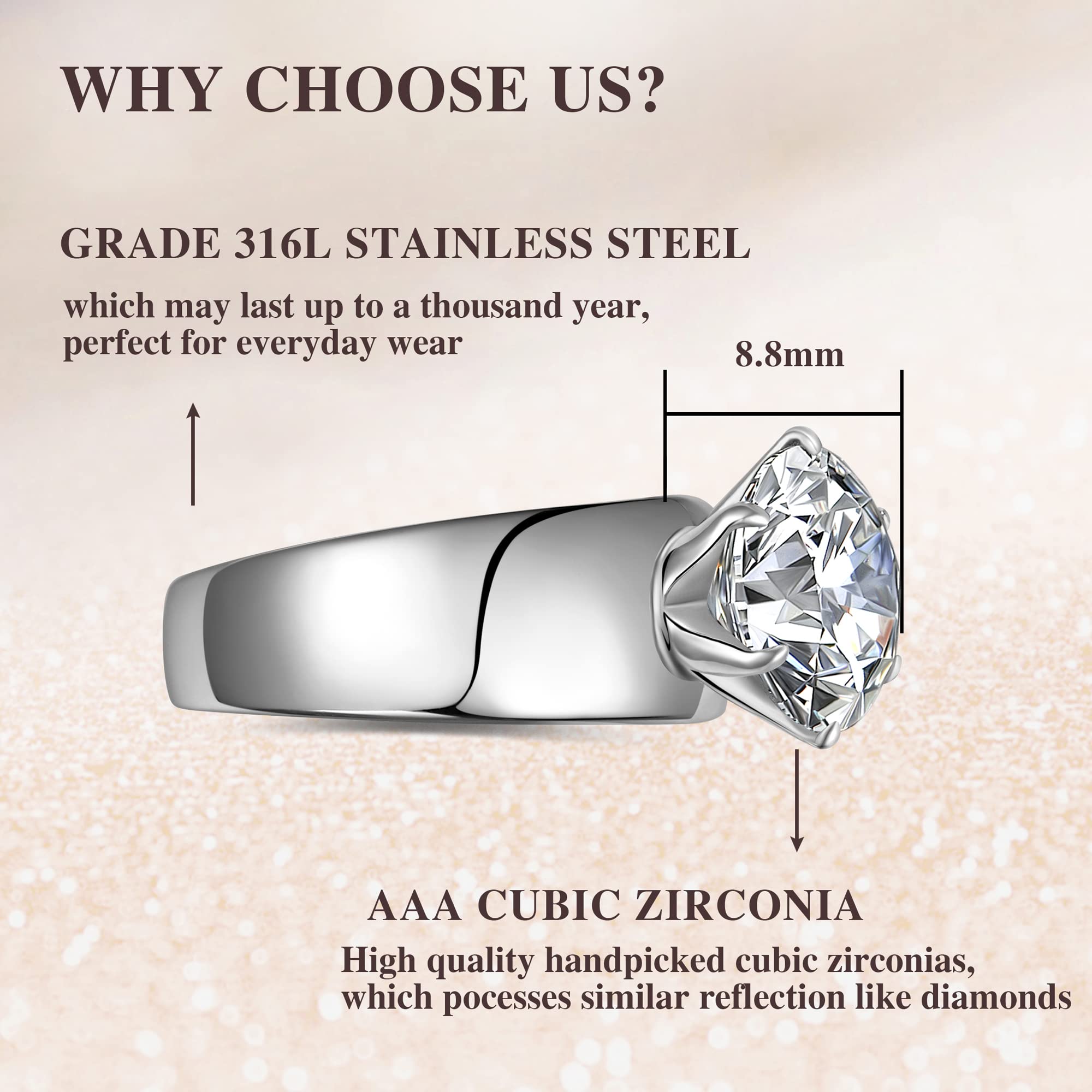 Loyufevr Stainless Steel Wedding Engagement 4 Carat Round CZ Women Wedding Solitaire Promise Bridal Ring (7) White