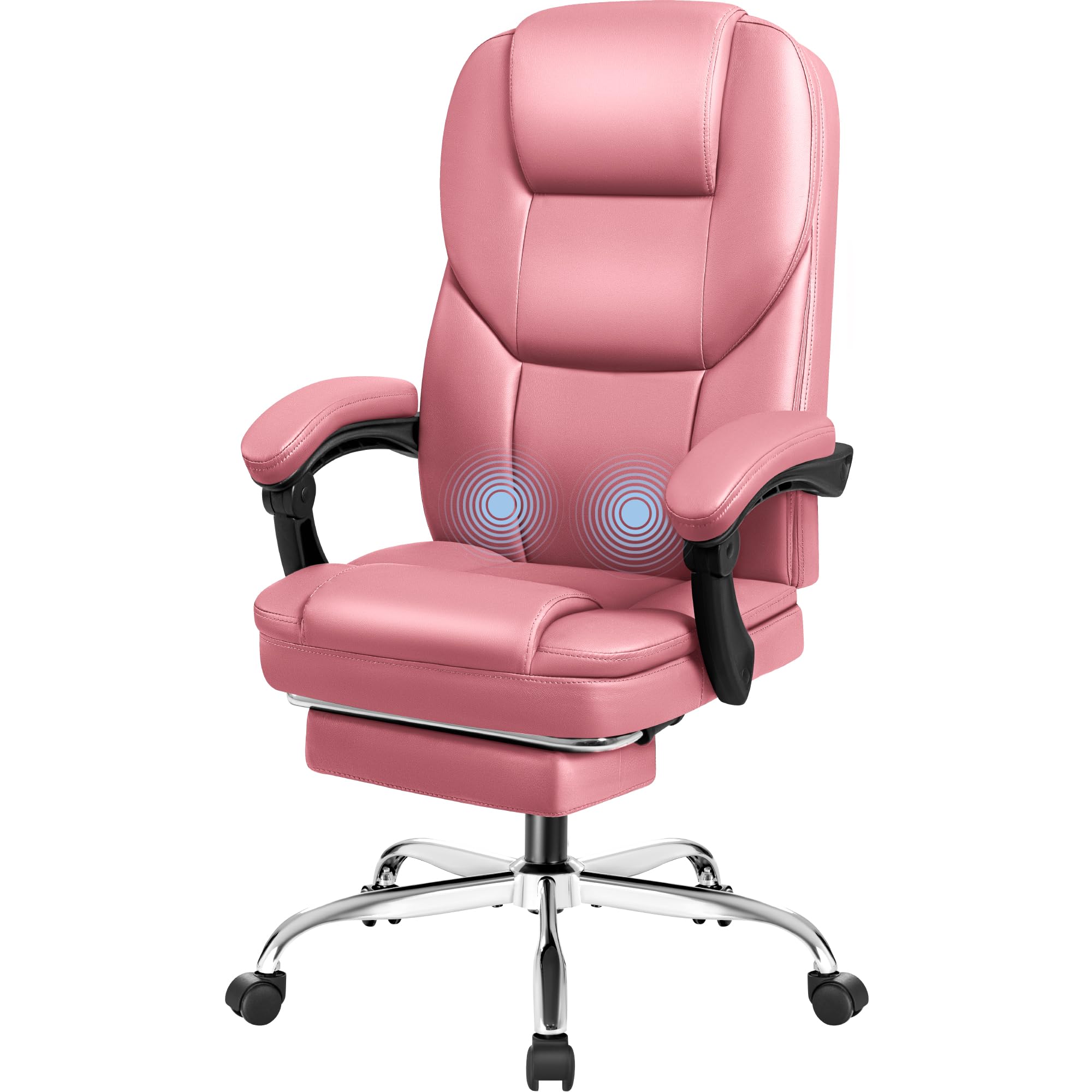 Shahoo Executive Office Chair with Massage, Ergonomic Reclining High Back Leather Seats with Footrest and Lumbar Support, Big and Tall, 500Lbs Heavy Duty, Pink