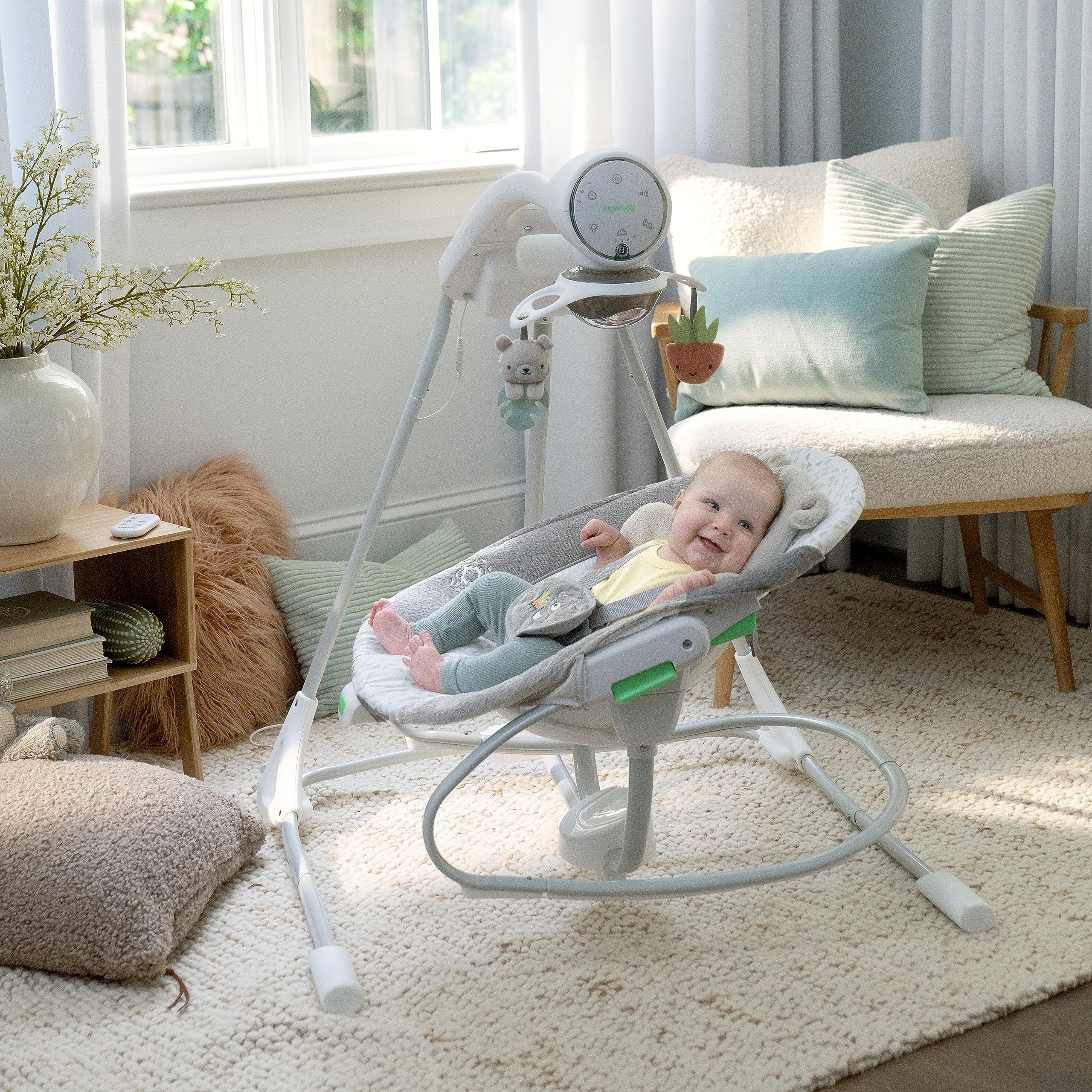 Ingenuity InLighten Soothing Swing & Rocker - Vibrating Swivel Infant Seat, Soothing Sounds, Lights - Nate