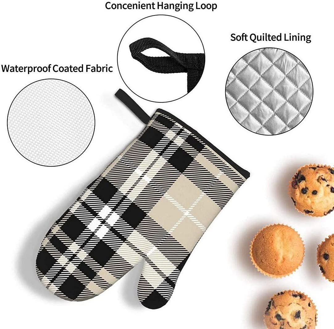 JKKL Fall Plaid Tan Black White Pattern,3pcs Oven Mitts and Pot Holders for Kitchen,Cooking,Baking,Grilling,BBQ