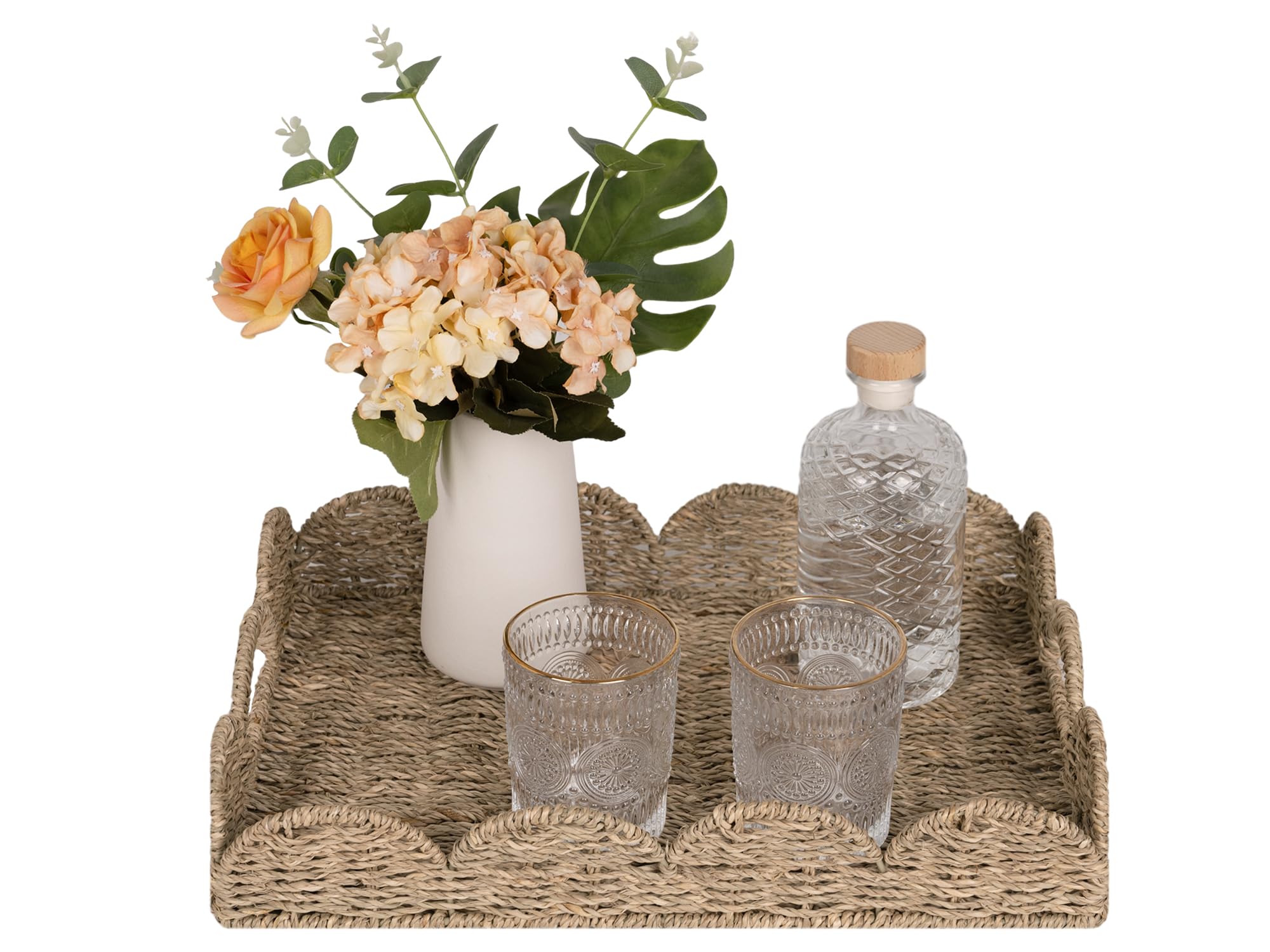 StorageWorks Scalloped Tray, Wicker Rattan Serving Tray with Handles, Woven Rectangle Seagrass Tray, Scalloped Basket Table Décor Trays, Rattan Basket Tray for Ottoman Decorative and Organizer Trays