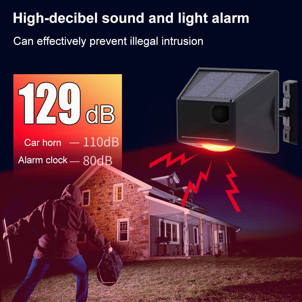 Solar Alarm Light with Motion Sensor Outdoor Solar Strobe Light Remote Control Sound Alarm for Backyard Patch Farm Garage