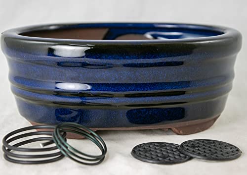 Oval Shohin Bonsai Pot, Cactus & Succulent Planter + Mesh 6"x 4.5"x 2.5" - Blue Stain Glazed