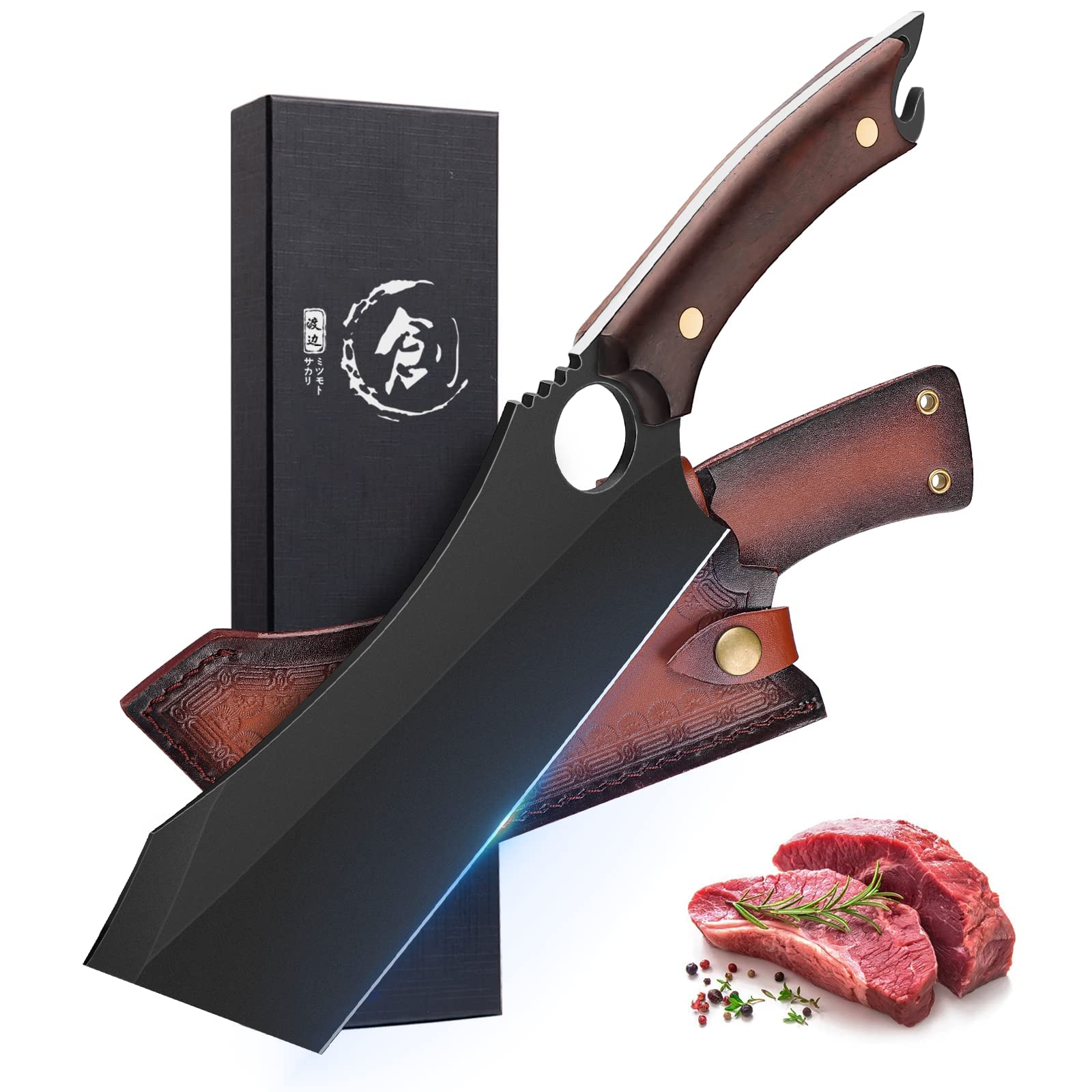 Meat Cleaver, 10 inch Black Meat Cleaver Boning Knife, Chef Chopping Butcher Cooking Knife, High Carbon Steel Sharp Kitchen Viking Knife with Sheath Gift Box Bottle Opener for Outdoor BBQ Camping