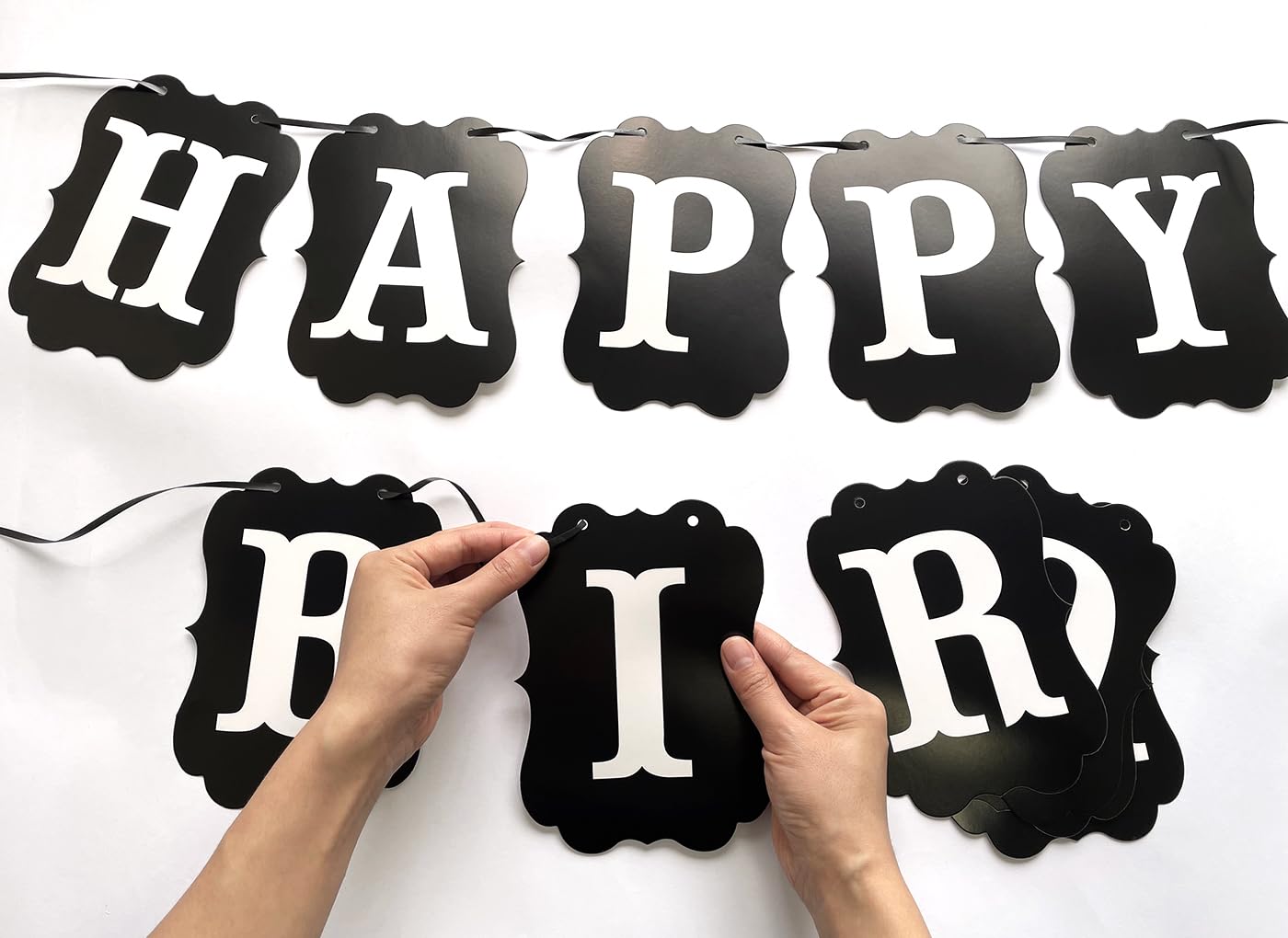 Large Black Happy Birthday Banner, Happy Birthday Bunting Sign with White Letters, Happy Birthday Decorations for Boys Women Men
