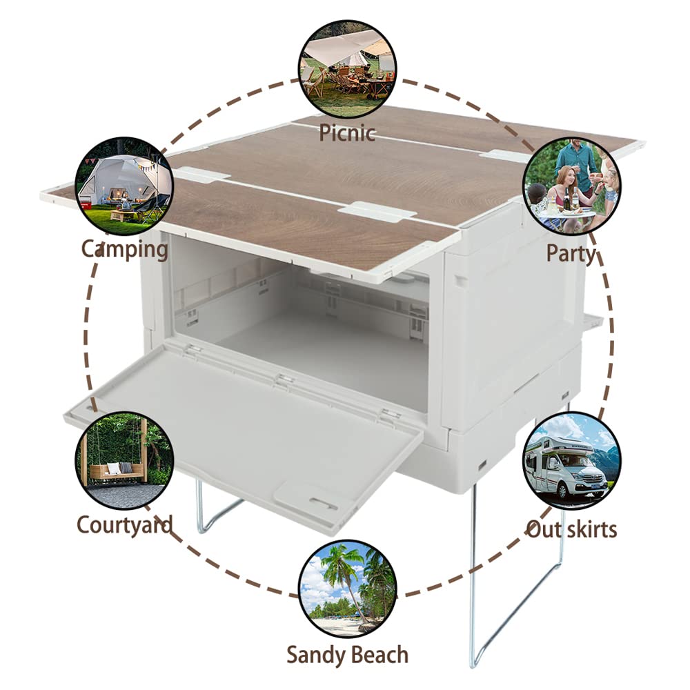 Lightweight Camping Table Folding with Storage Adjustable Legs Portable Plastic Cook Station for Outdoor BBQ, Party, Picnic, Organizer for Food Materials, with Expandable Desktop White