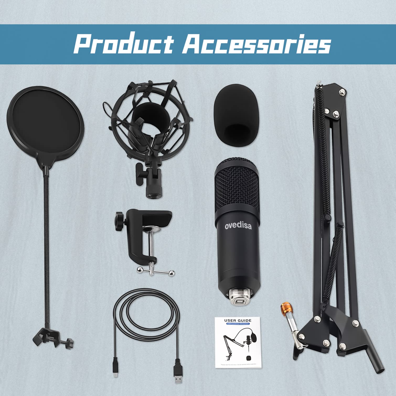 ovedisa USB Microphone, Professional 192kHz/24Bit Plug & Play PC Computer Condenser Cardioid Mic Kit with Sound Advanced Chipset, for Streaming, Podcast, Studio Recording and Games
