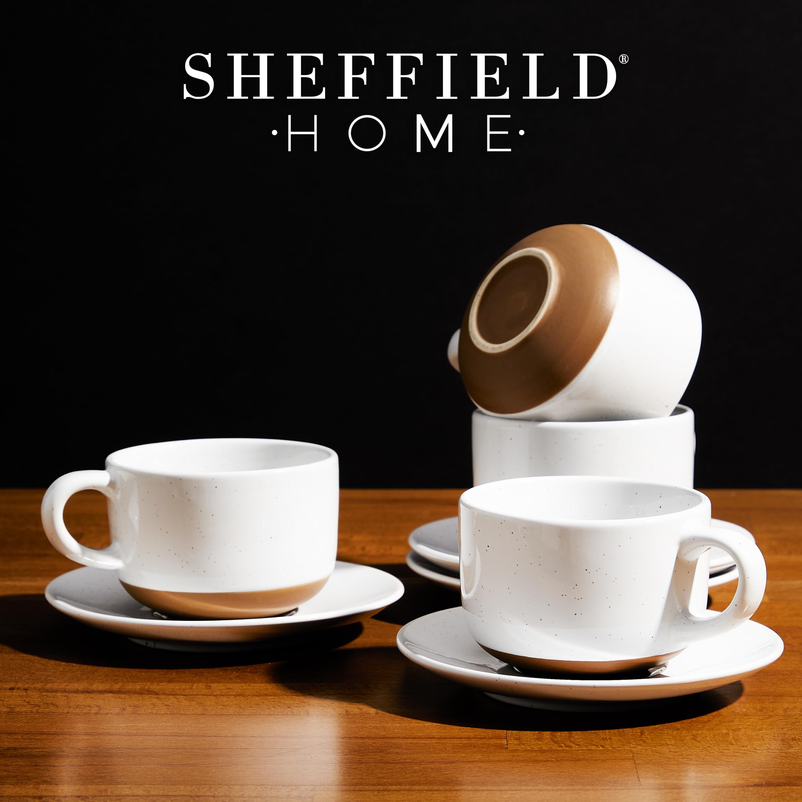 Sheffield Home Elegant Coffee Mug Set - Set of 4 Stoneware 8oz Cups with Saucers – Dishwasher and Microwave Safe Ceramic - Ideal for Cappuccino, Espresso, Latte, or Tea - Assorted Neutrals