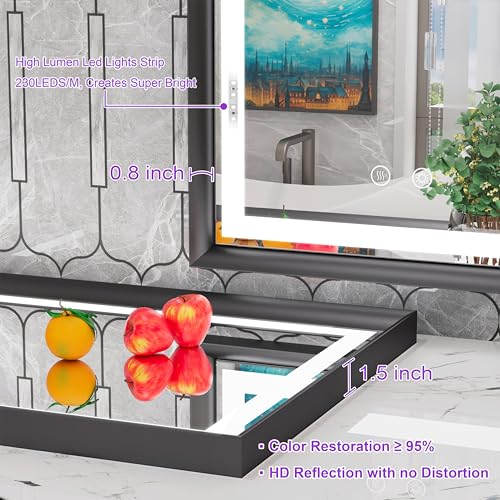 JSneijder 32x32 Inch LED Bathroom Mirror with Lights - Black Frame Lighted Mirror for Bathroom - Wall Mounted Dimmable Anti-Fog LED Vanity Mirror - Horizontal/Vertical, 6000K