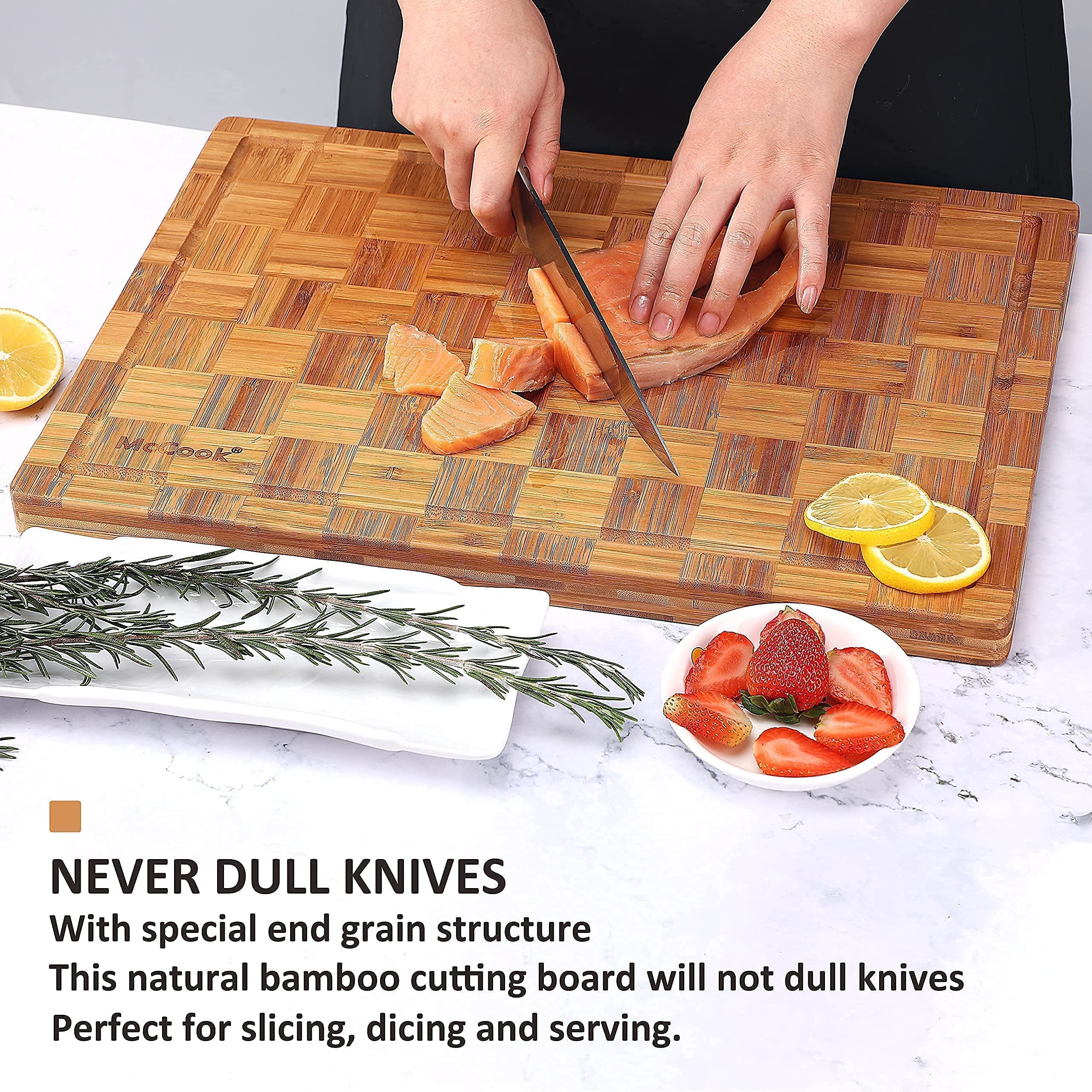 McCook MC25A German Stainless Steel Knife Block Sets with Built-in Sharpener + MCW12 Bamboo Cutting Board (Large, 17”x12”x1”)