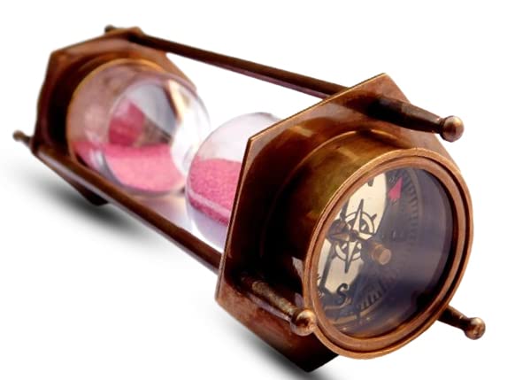 MERIDIAN NAUTICALS 6" Hand Made Solid Brass Decorative Sand Timer 3 min Hour Glass with Fully Functional Compasses