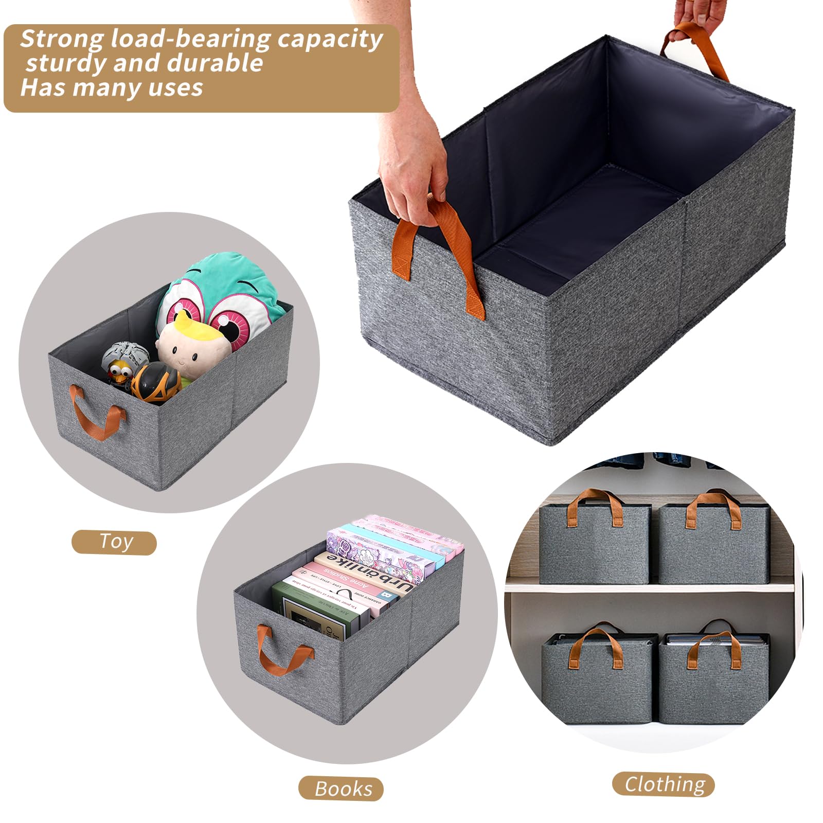 RICHERI Pack of 3 Clothing Storage Bins for Closet with Handles, Foldabl Fabric Foldable Storage Baskets Cloth Box, Fabric Containers Boxes for Organizing Shelves Bedroom, Gray, Large (gray)
