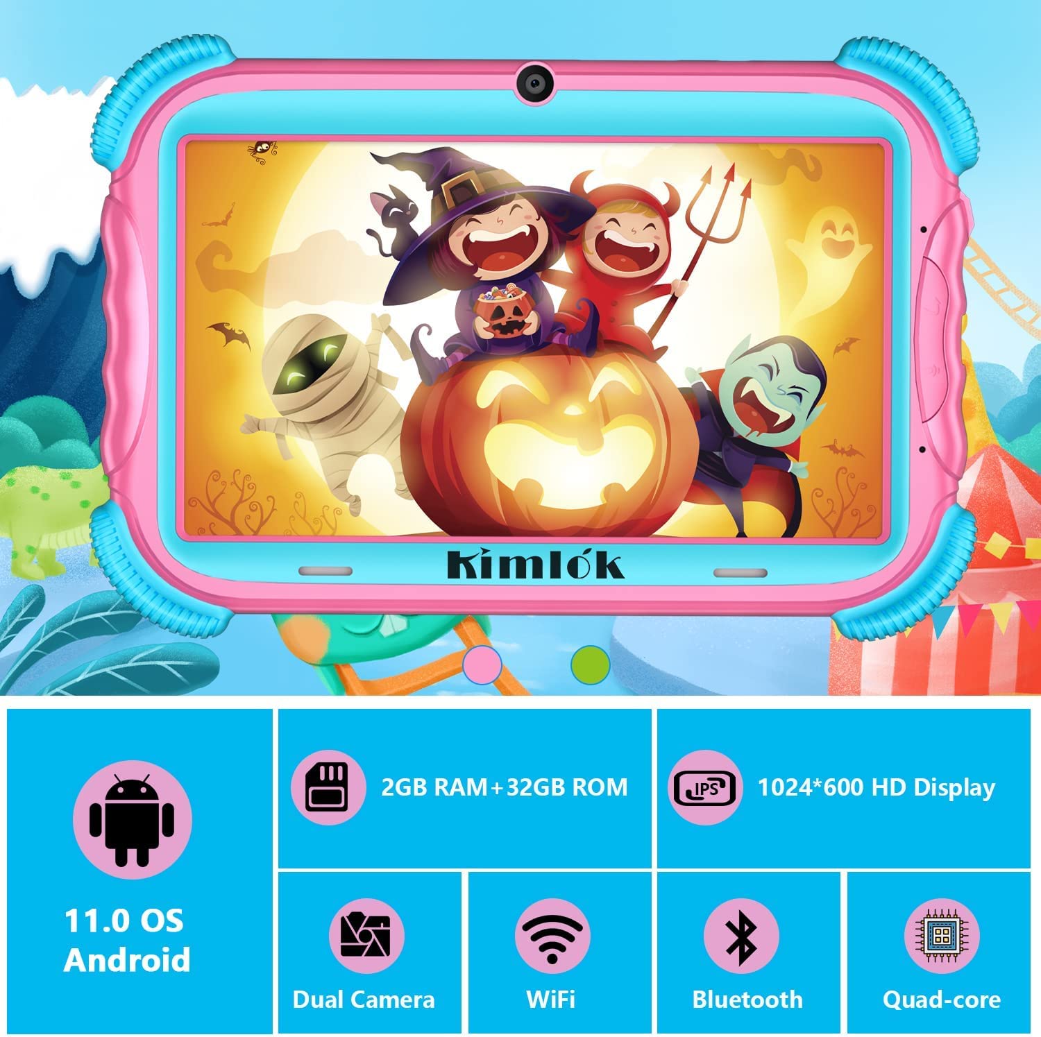Kids Tablet, 7 inch Tablet for Kids/Toddlers, Android 11, 2GB+32GB, Parental Control APP, Dual Camera, WiFi, Bluetooth, Children Tablet with Anti-Drop Kid-Proof Case, Google Kids Space, YouTube, Pink