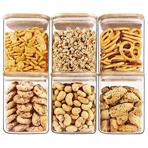 Glass Jars with Bamboo Lids, Square Glass Jar with airtight lids of 6 pack of 28oz, Square glass storage jars with airtight lids, Glass Food Storage Containers with airtight lids, Glass Panty Jars
