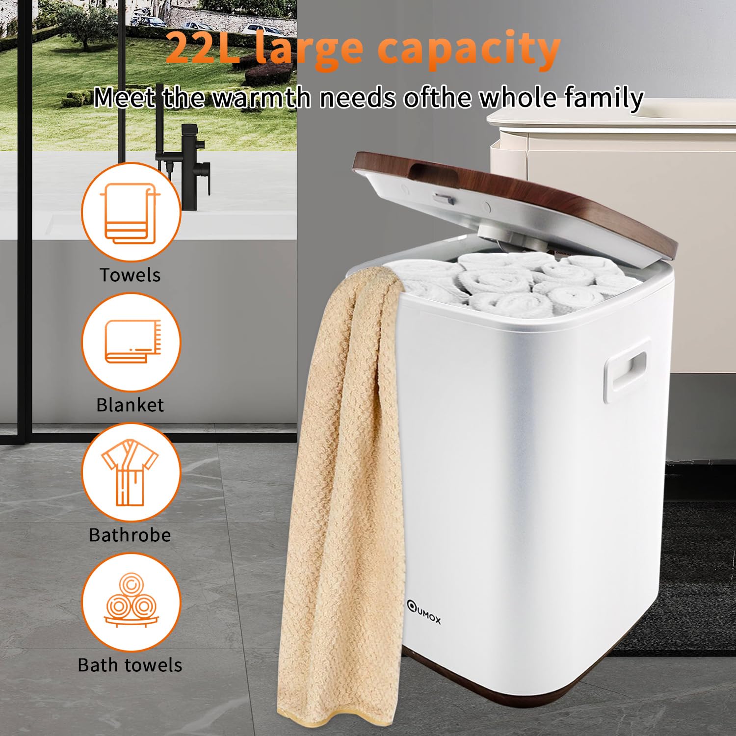 Qumox Towel Warmer Bucket, Large Towel Warmer with 3 Heating Modes, Heat Time 20/40/60 Min Adjustable, Auto Shut Off and Up to 24 Hour Delay Timer, Towel Heater for Oversize Bathrobes Blankets
