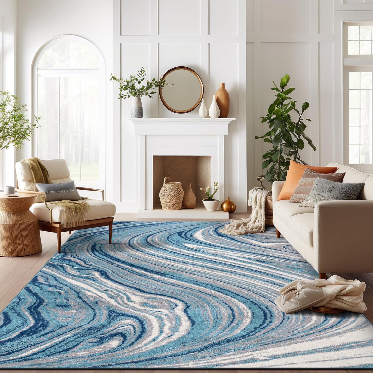 Rugshop Contemporary Abstract Swirl Stain Resistant Soft Area Rug 7' 10" x 10' Blue