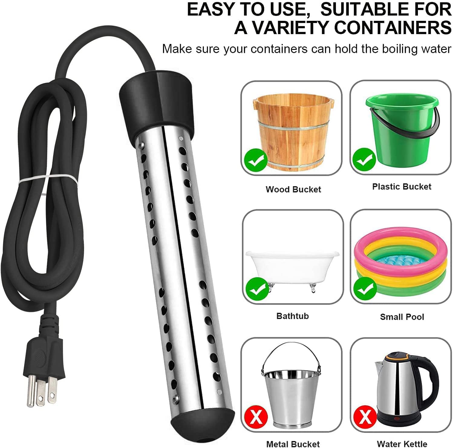 Memoryee Immersion Water Heate Portable Electric Stainless-Steel Heaters with Guard Cover Submersible Home Instant Water Heater with and for Travel Camping Hot Bathtub Mini Inflatable Pool Black