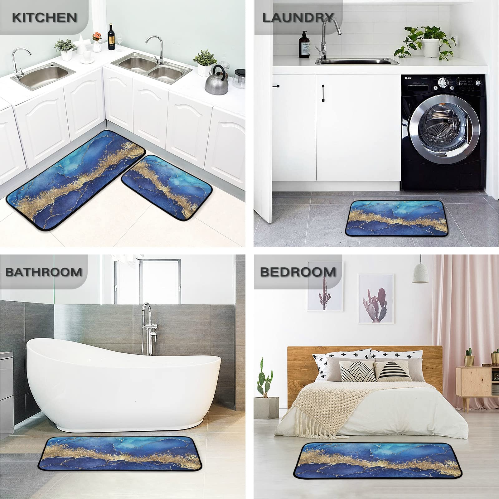 Kitchen Mats Rugs 2 Piece Set Bath Mat Antifatigue Cushioned Gold Black Marble for Floor Non Slip Washable (color5)
