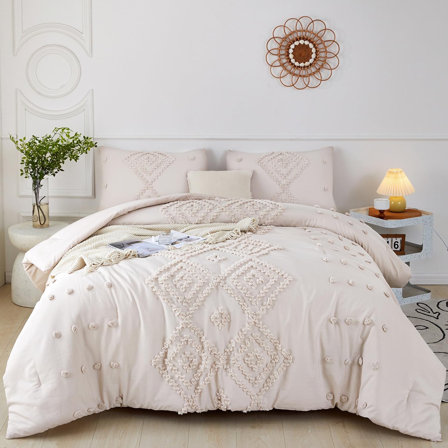 ZRNBAST Pink Full Size Comforter Sets 3 Pcs,Tufted Pom Boho Comforter Set Full, Soft Fluffy Farmhouse Embroidery Geometric Bedding Set for Girl(Pink, Full)