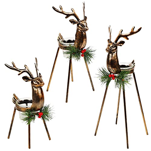 Juegoal Set of 3 Reindeer Tealight Candle Holders, Standing Iron Metal Christmas Decorations, Glass Votive Candle Holder, Durable and Rust-Proof Holiday Tabletop Centerpiece and Display