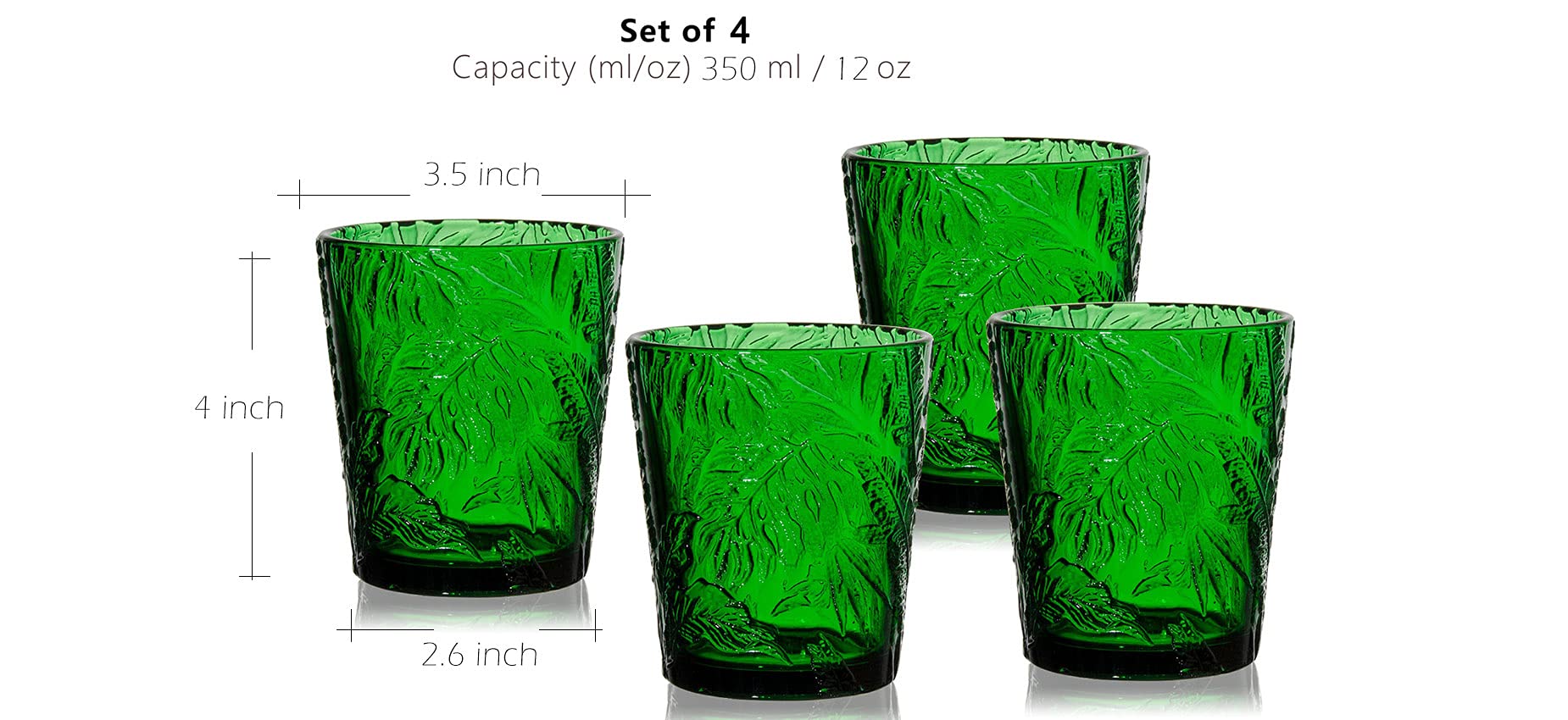 Jomop Handmade Pressed Colored Tumbler Drinking Glasses Green Set of 4 Retro (4, Old Fashioned Glasses)