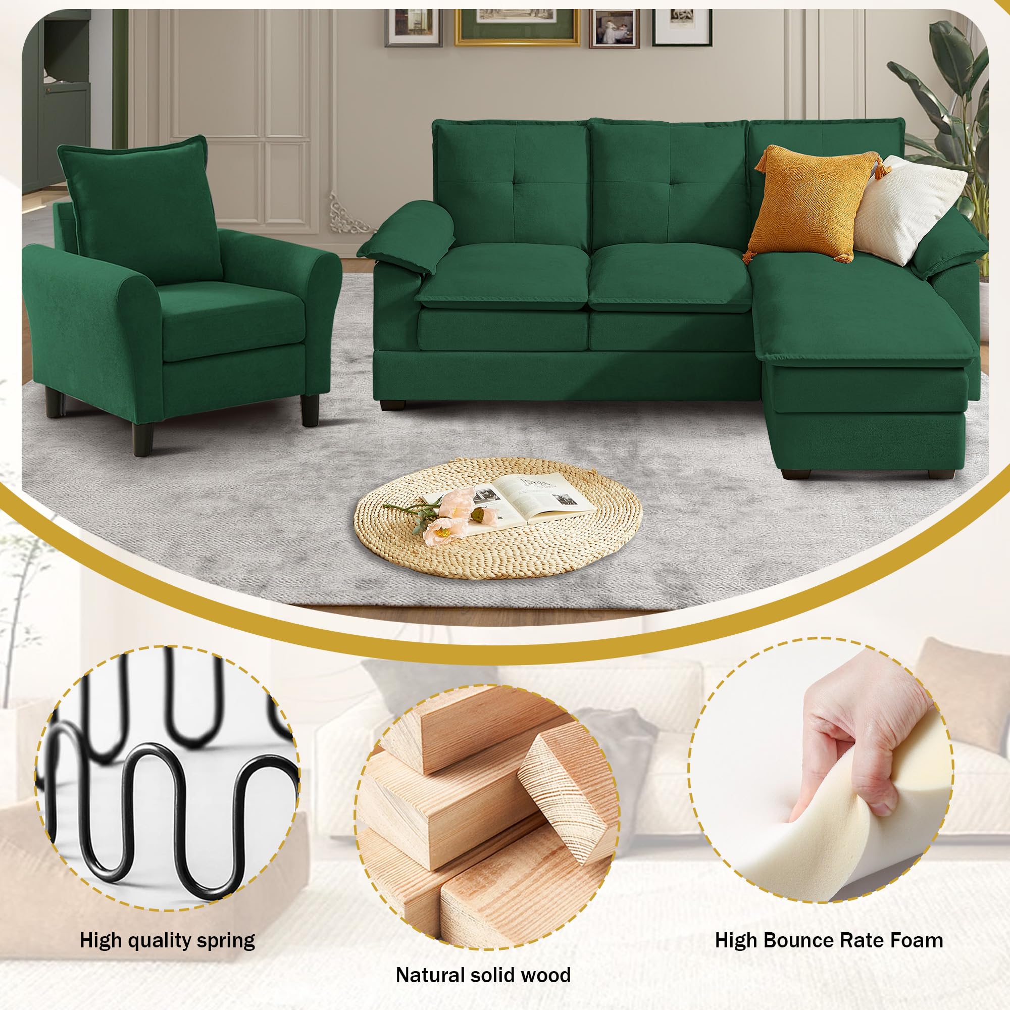 Soscana 2 Piece Sofa Set, L Shaped 3 Seater Cloud Couch with 2-Layer Seat Cusions Movable Ottoman and Single Seat Accent Chair Polyster Fabre for Living Room Small Spaces, Dark Grey
