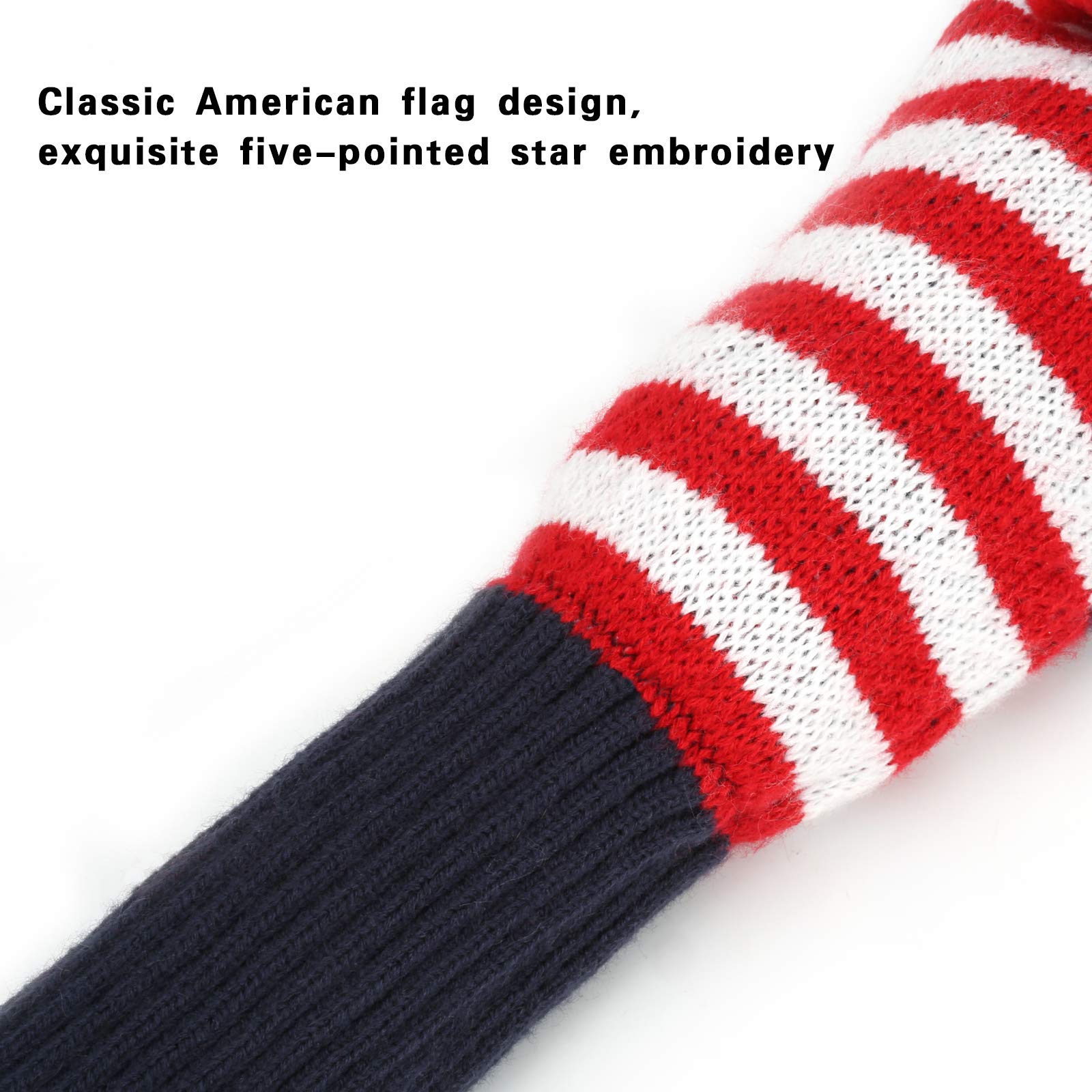 Golf Head Covers (3PCS) Driver Fairway #3 Hybrid Knit Pom Pom White Blue Red USA Flag Desin with Number Tag