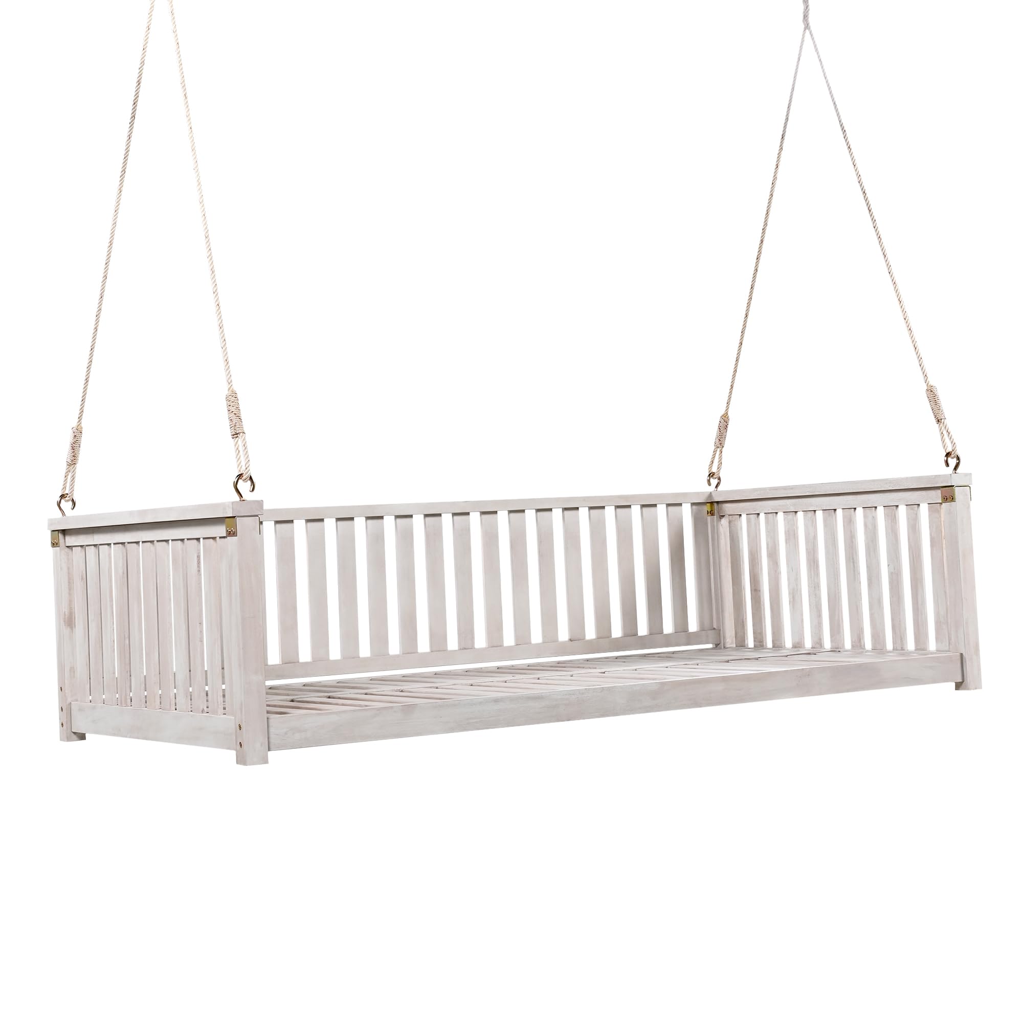 Patio Minimalist Twin Size Garden Swing Bed Wood Porch Swing with Ropes for Backyard, Safe Sloped Design (White)