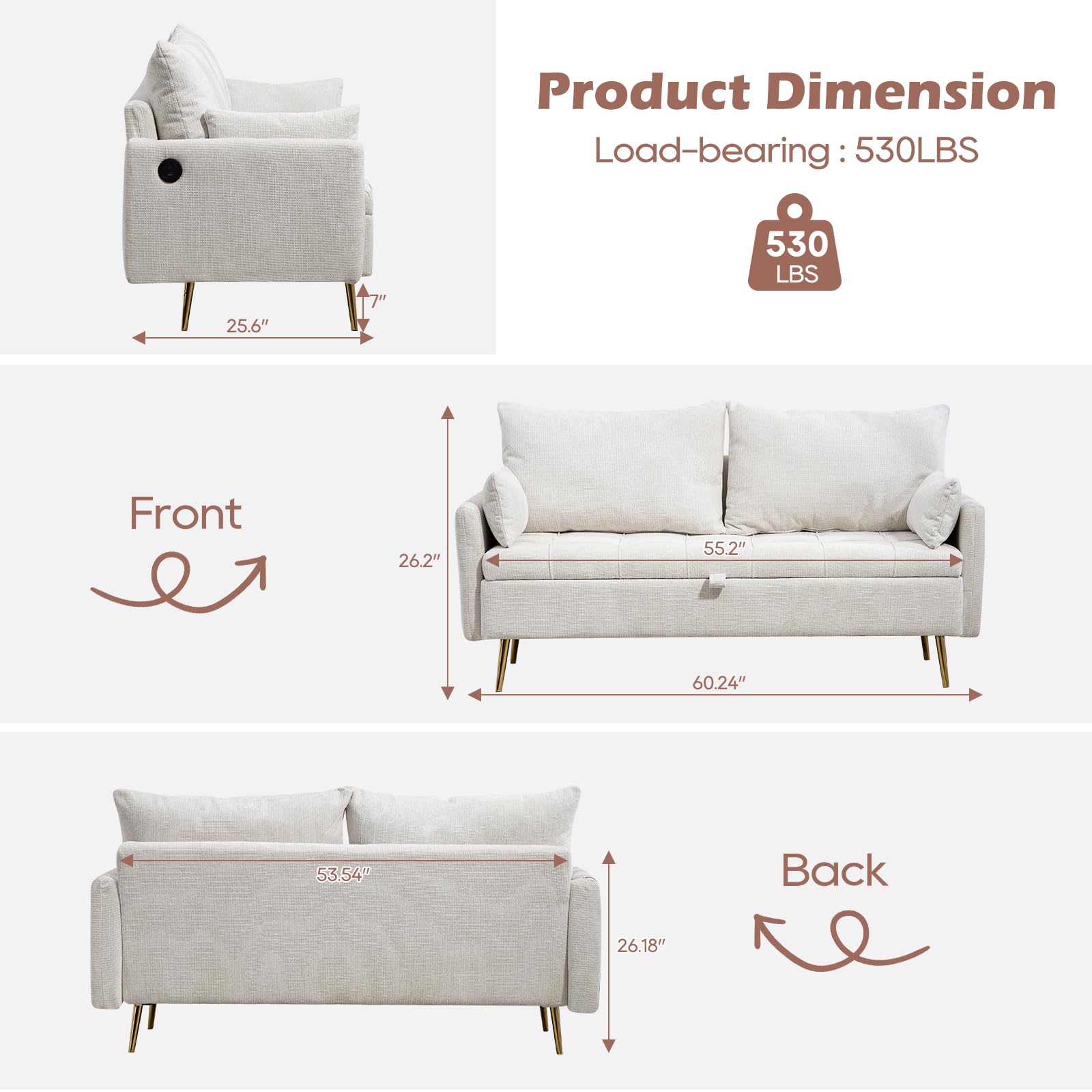 RIHEREFY 60'' Loveseat Sofa Couch with Storage, Modern Loveseat Couch with 4 Pillows & Metal Legs, 2 Seater Sofa with USB & Type C for Living Room,Bedroom, Apartment(Beige