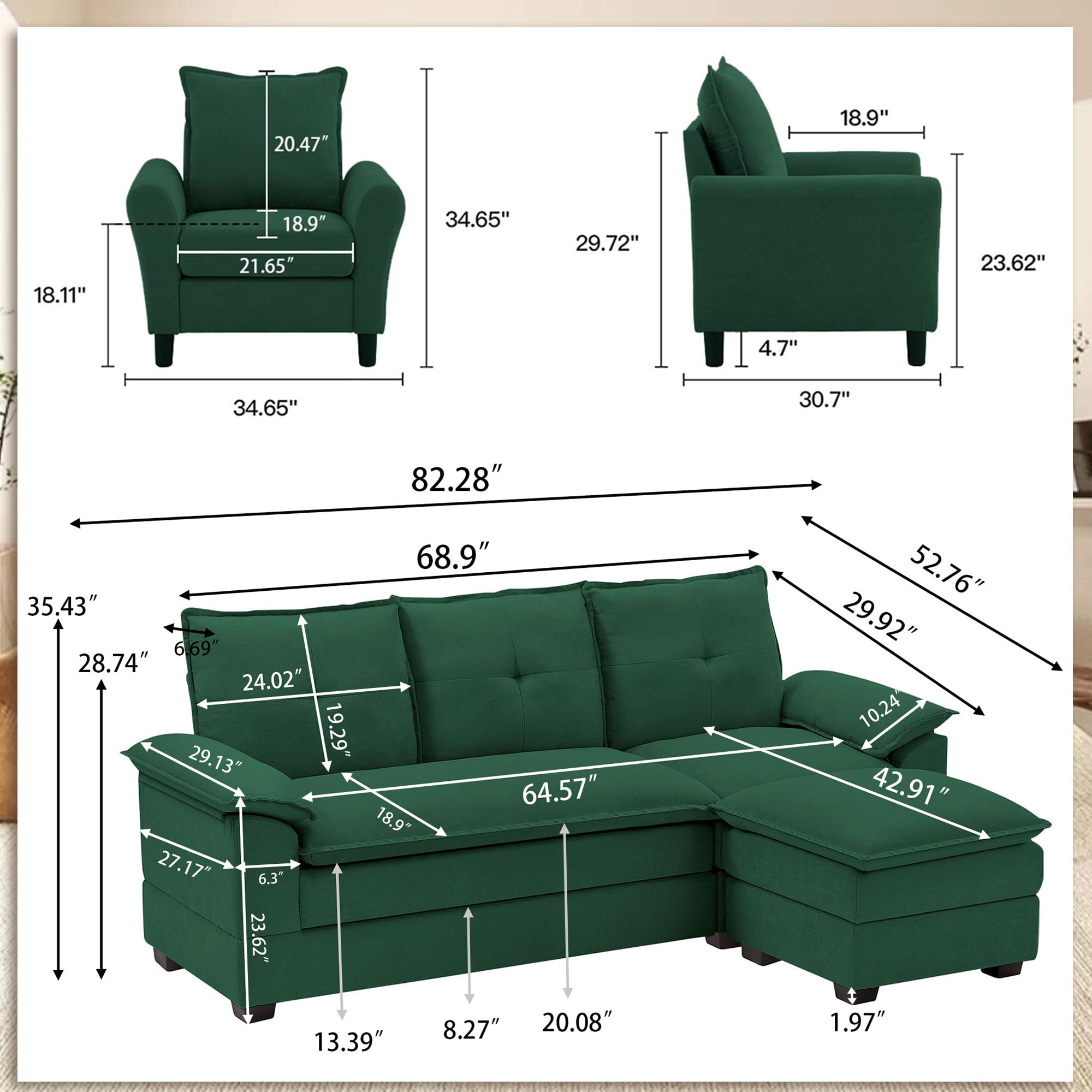 Soscana 2 Piece Sofa Set, L Shaped 3 Seater Cloud Couch with 2-Layer Seat Cusions Movable Ottoman and Single Seat Accent Chair Polyster Fabre for Living Room Small Spaces, Dark Grey