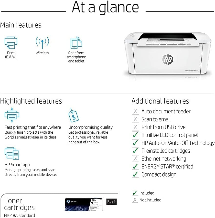 HP Laserjet Pro M15 w Single-Function Wireless Monochrome Laser Printer for Office - Print Only - 19 ppm, 600 x 600 dpi, 8.5" x 11" Letter, 150-sheet Capacity, Compatible with Alexa