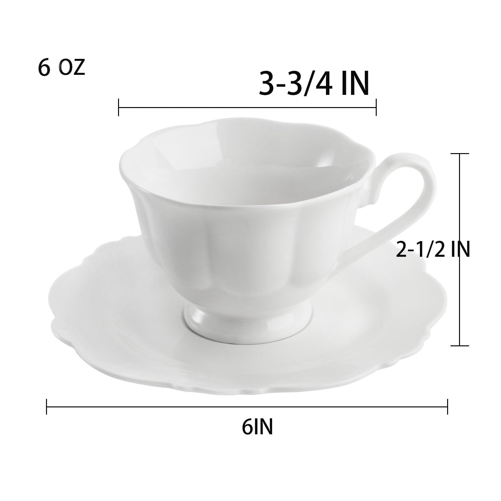 Jucoan Set of 6 Porcelain Tea Cups and Saucers, Bone China Tea Cup Set, 6 oz White Porcelain Tea Set, Coffee Cups, Espresso Cups for Latte Tea, British Tea Cups Gifts for Wedding Birthday