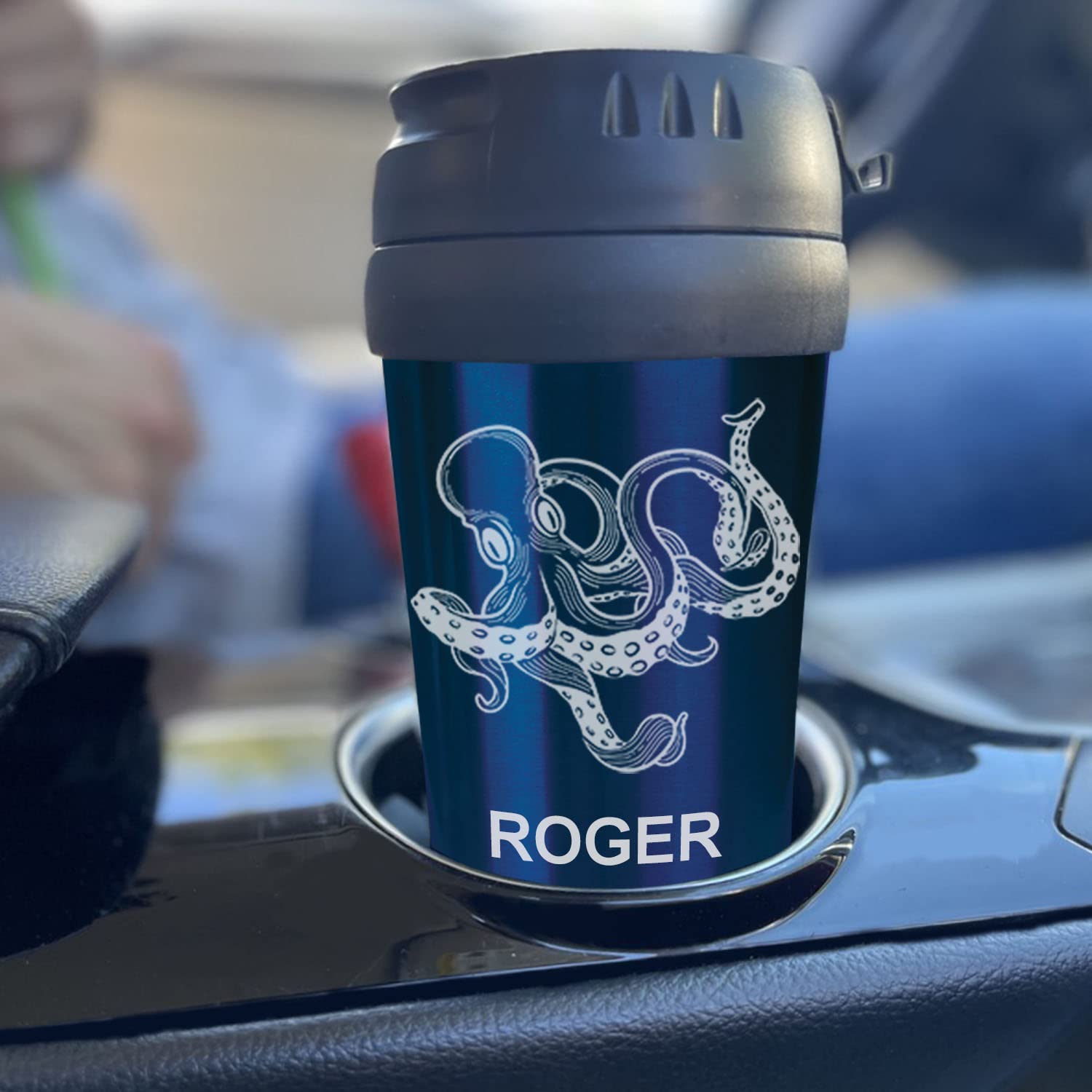 LaserGram 16oz Coffee Travel Mug, Flag of Puerto Rico, Personalized Engraving Included (Dark Blue)