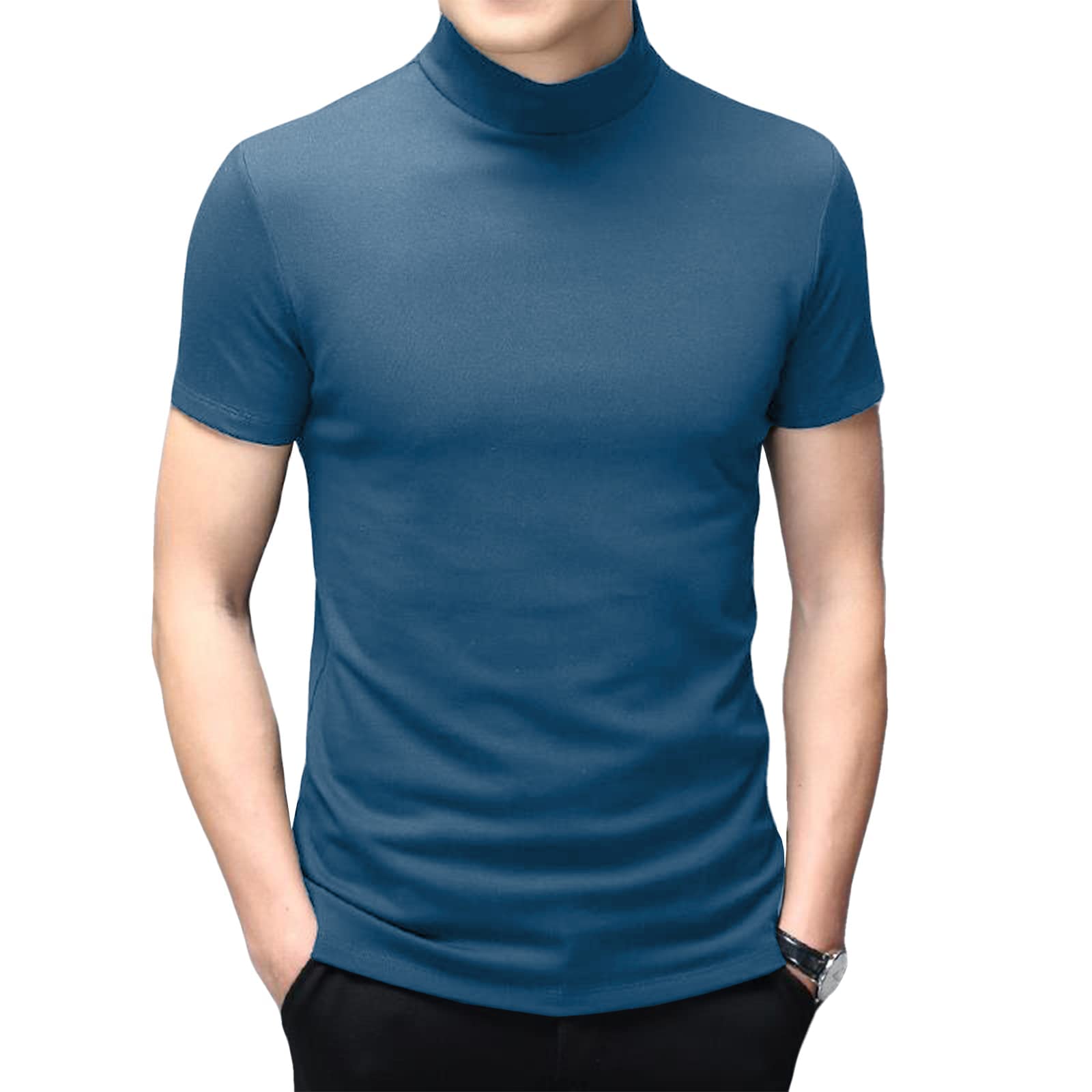 Men's Short Sleeve Tops Mock Turtleneck Casual Solid Base Thin Pullover T-Shirt Slim Fit Basic Undershirt Male Underwear