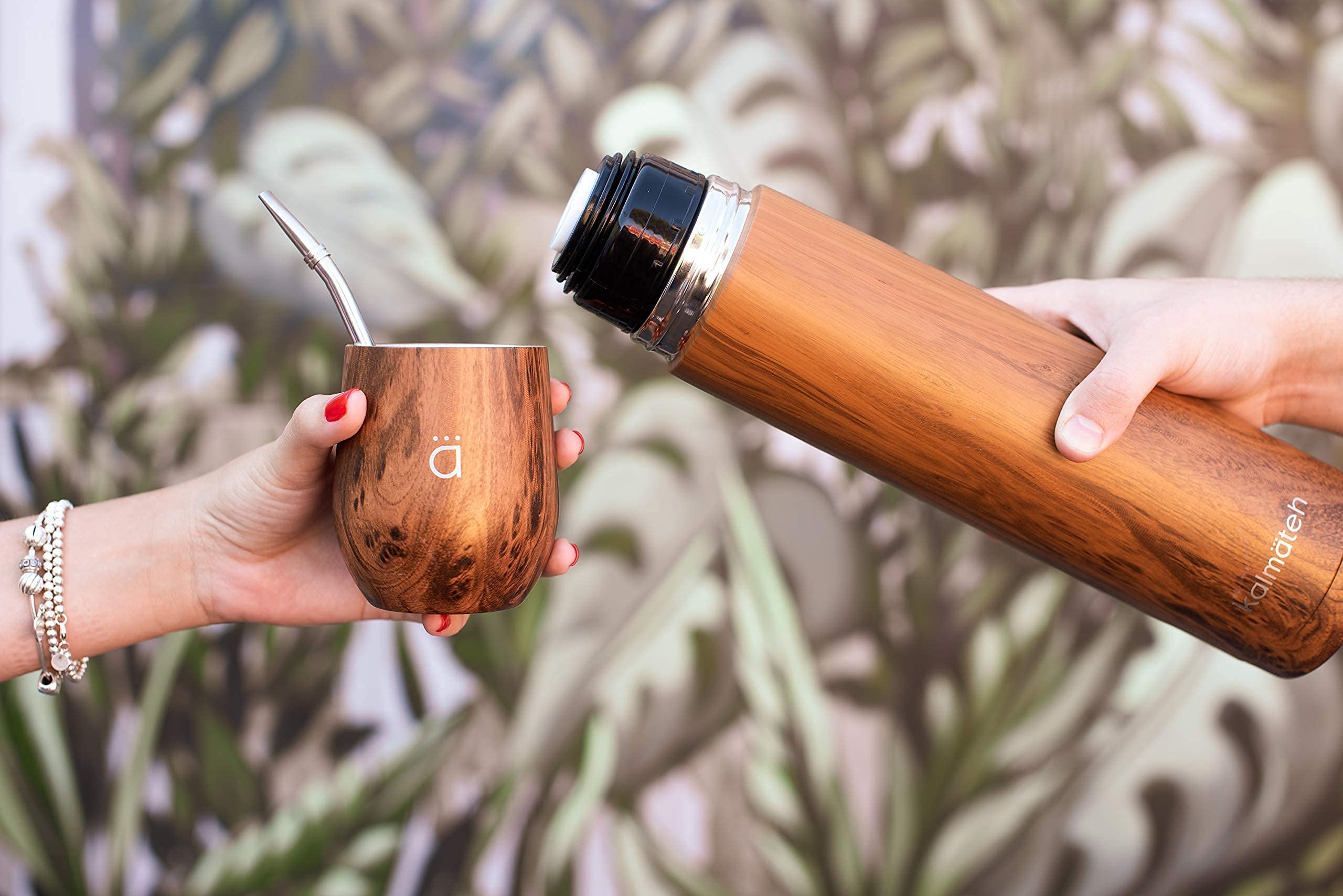 KALMATEH Modern & Elegant Yerba Mate Thermos- Vacuum Insulated and Double Walled 18/8 Stainless Steel- BPA Free - Thermos Designed for Use With Mate Cup or Mate Gourd (Wood, 1000ml)