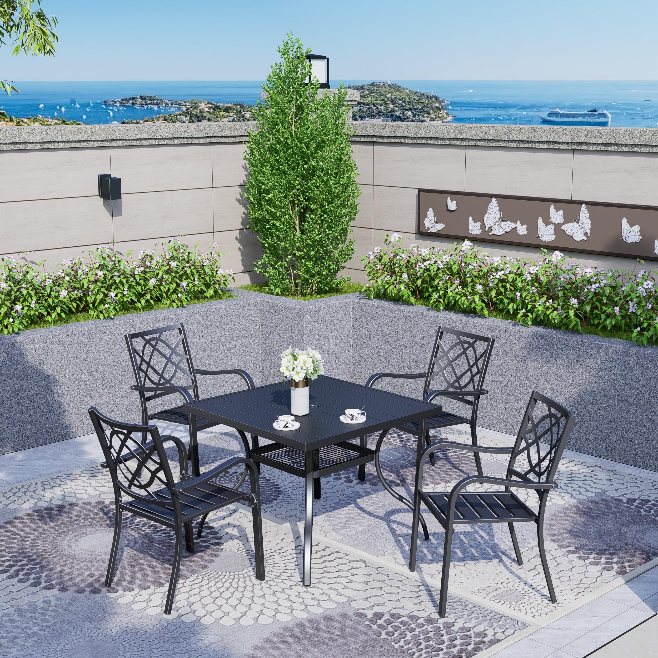 Patiomore Wrought Iron Patio Outdoor Dining Chairs, Portable Black Outdoor Patio Chairs Set of 2, Stackable Indoor Outdoor Bistro Deck Metal Chairs for Garden Backyard Lawn, Support 300 lbs