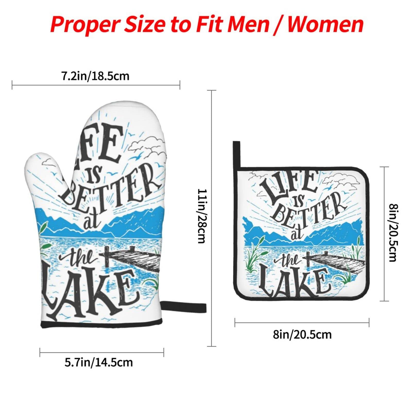 Life is Better at The Lake Pier Plants Mountains Oven Mitts and Pot Holders Sets of 4,Heat Resistant Kitchen Microwave Gloves and Pot Pads with Non-Slip Surface for Grilling Baking Cooking BBQ