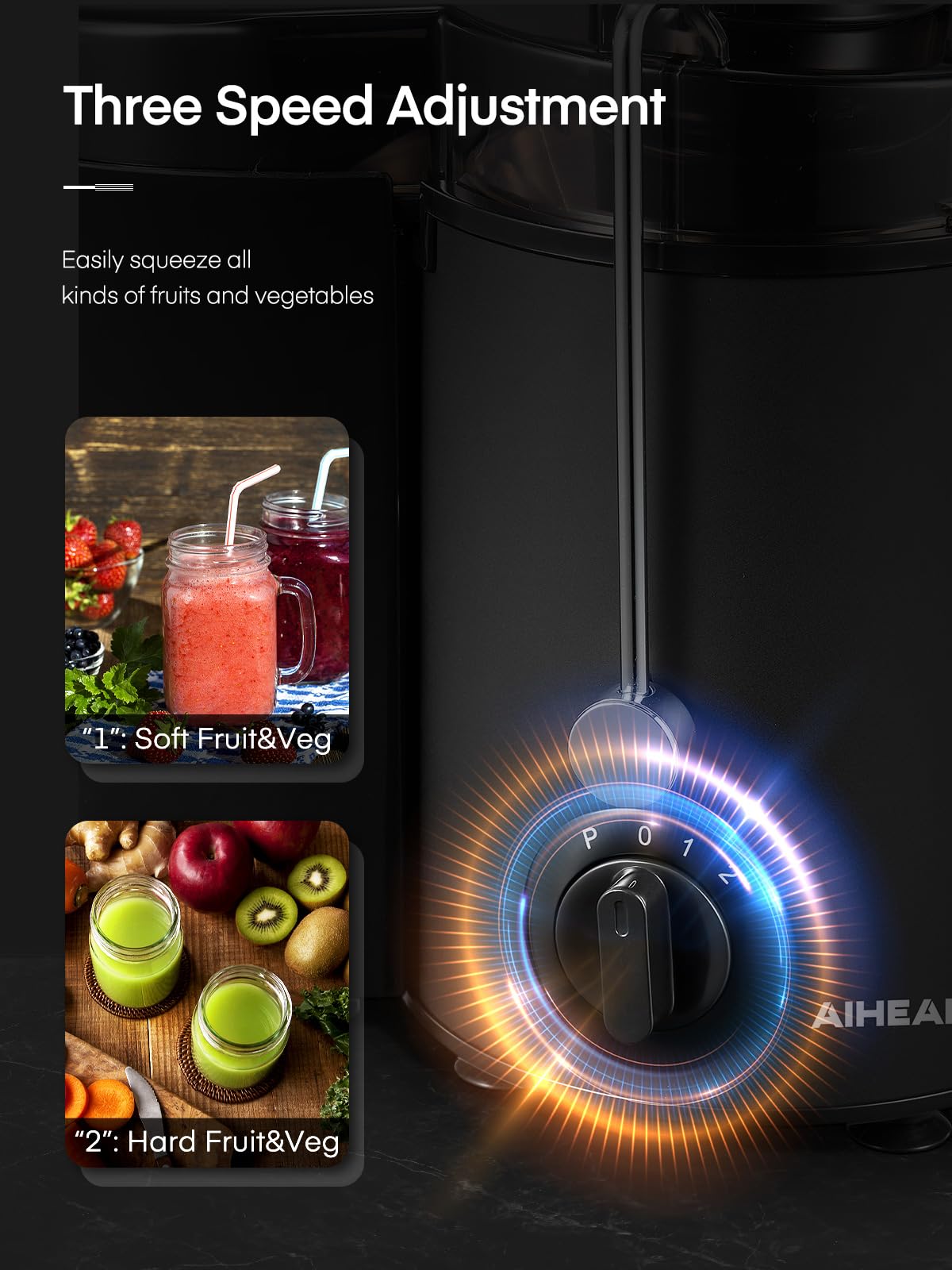 Juicer Machines, Aiheal Juicer Vegetable and Fruit Easy to Clean, Centrifugal Juicer with 3β Wide Mouth, 3 Speed Control, Overload Protection System, Cleaning Brush and Recipe Included, Black