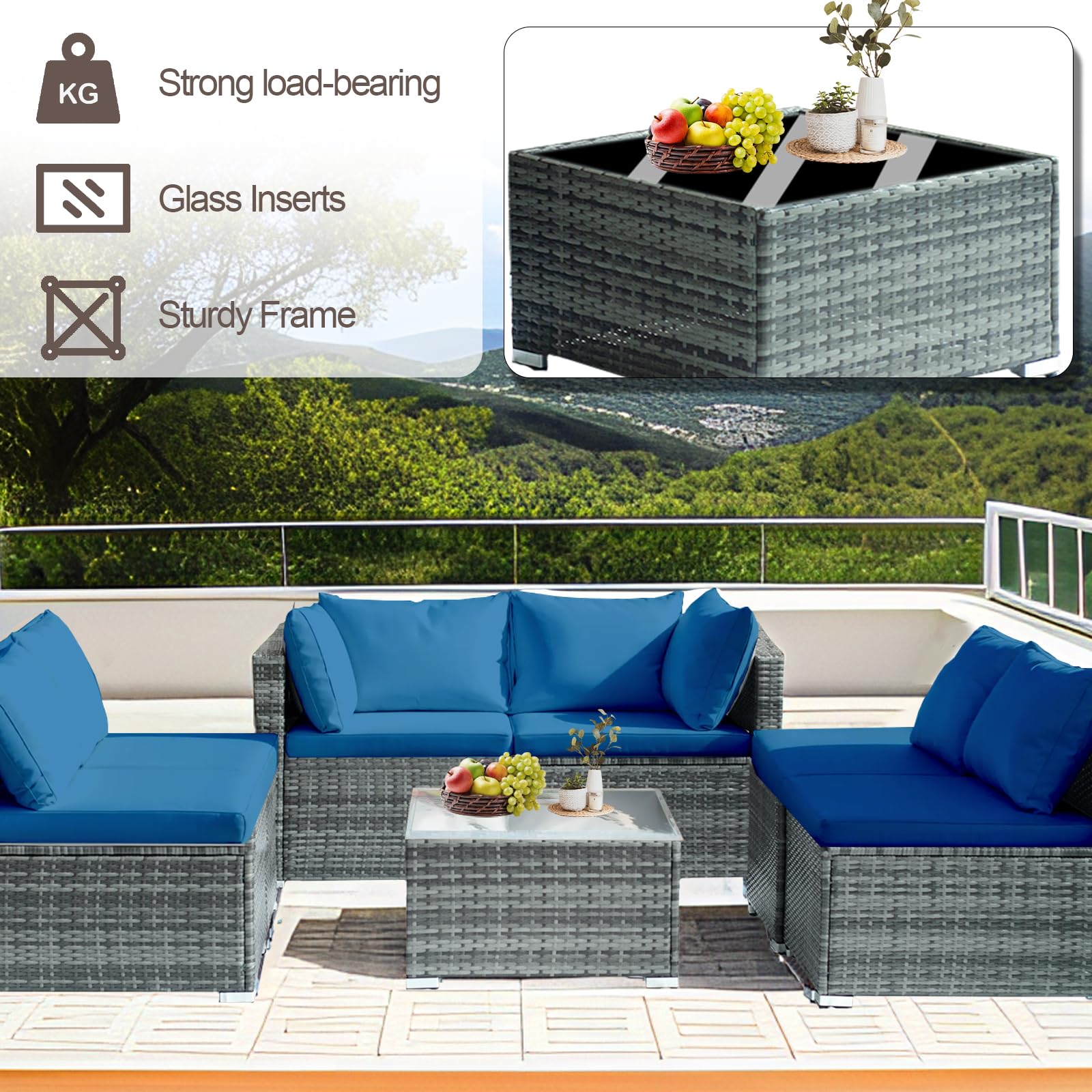 PatLoom 7-Piece Outdoor Furniture Set, Wicker Patio Sofa, Elegant Patio Conversation Set with Glass Top Coffee Table, Cushioned Sectional Sofa for Garden, Backyard, Poolside, Balcony (Brown&Grey)