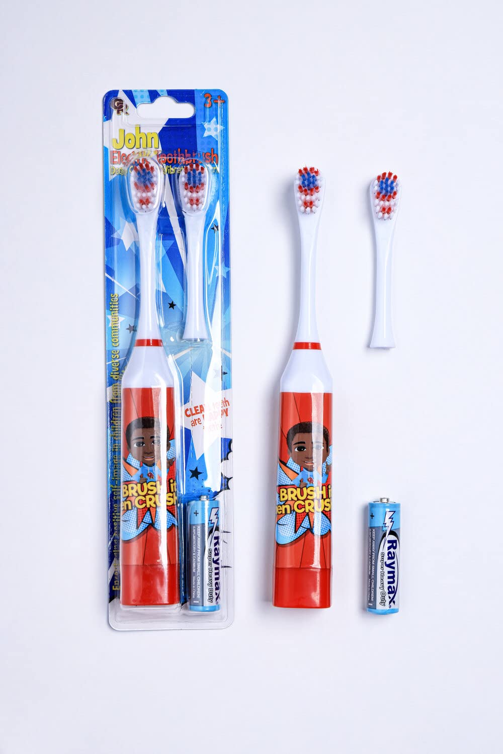 OUR REFLECTIONS Kids Battery Powered, 2 Toothbrush Heads, Soft Bristles, Ages 3 and up. (John Electric Toothbrush, Red)