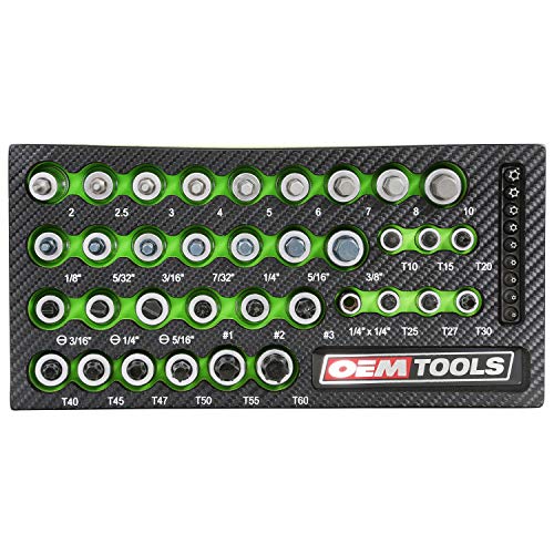OEMTOOLS 23992 44 Piece Multi Drive Star Socket Set With Custom Fit Tray, Heat Treated, Alloy Steel Master Torx Set With SAE and Metric Hex Sockets, Chrome and Green